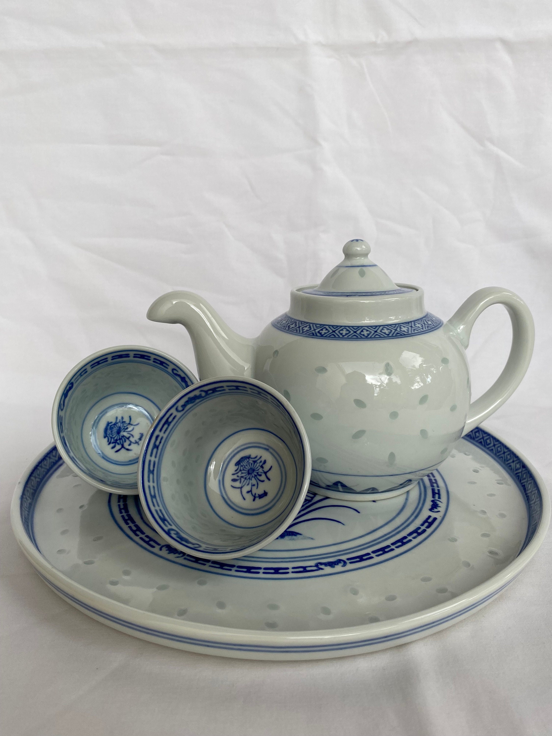 Vintage Porcelain Chinese Rice Grain Chrysanthemum Flower Pattern Tea ...