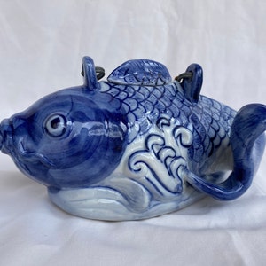 Vintage Blue & White Ceramic Hand Painted Koi Fish Teapot With Metal ...
