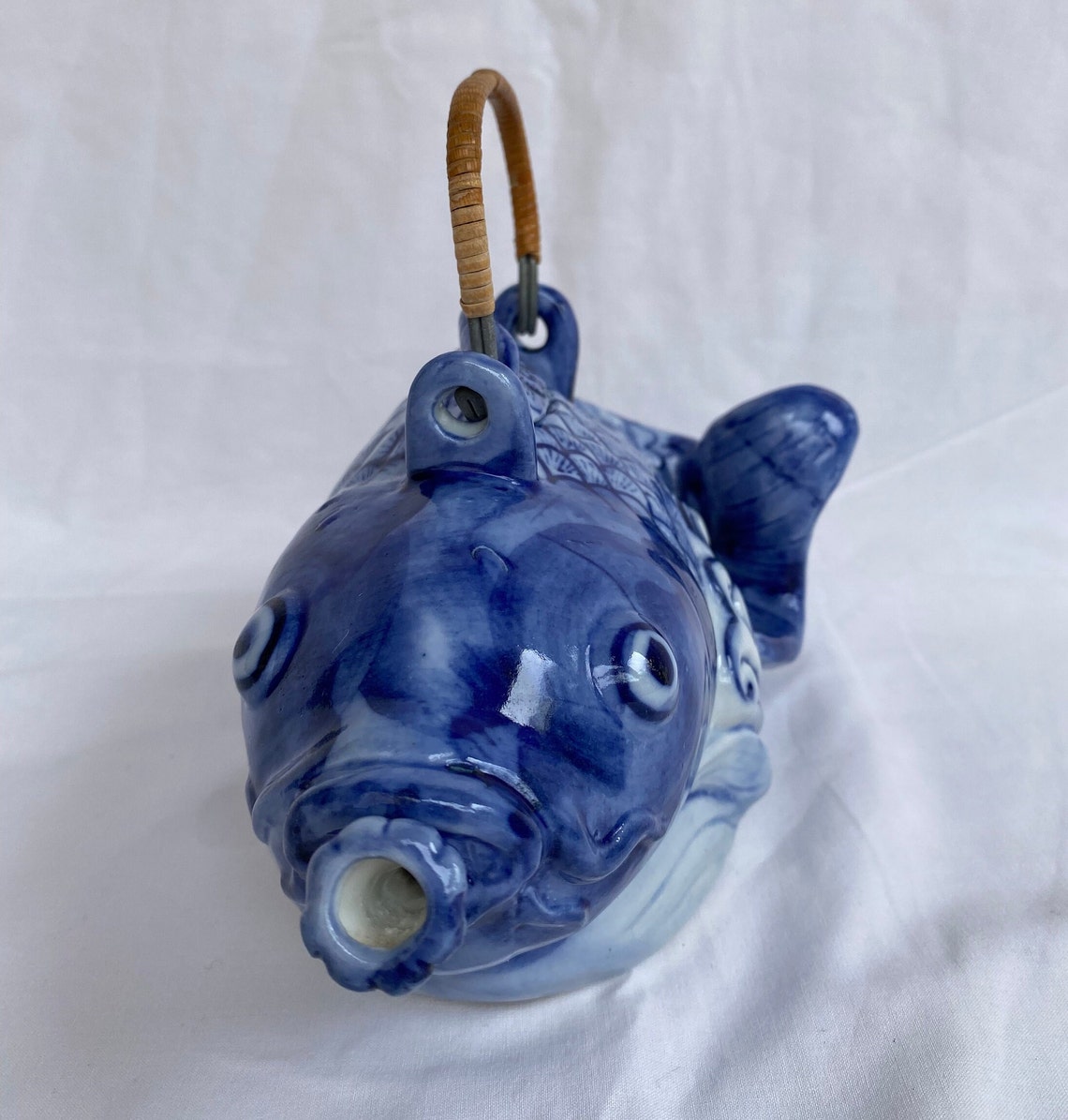 Vintage Blue & White Ceramic Hand Painted Koi Fish Teapot With Metal ...