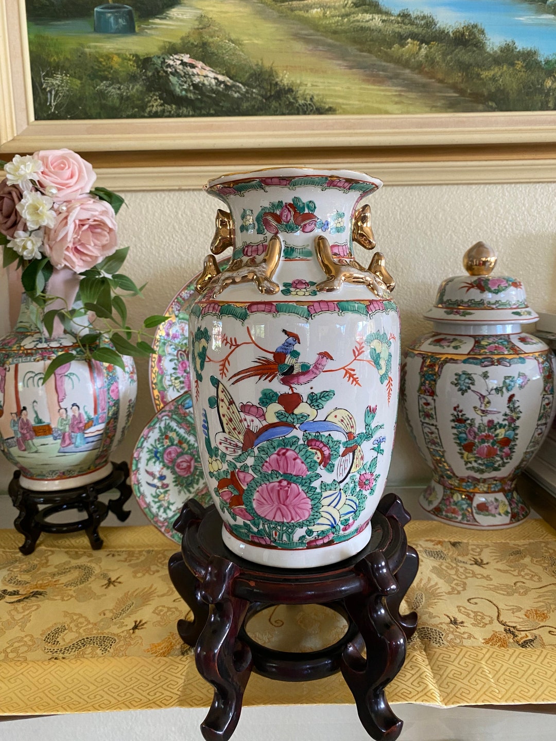 11” Tall Vintage Rose Canton Famille Gold Detail Vase Rose Canton Vase ...