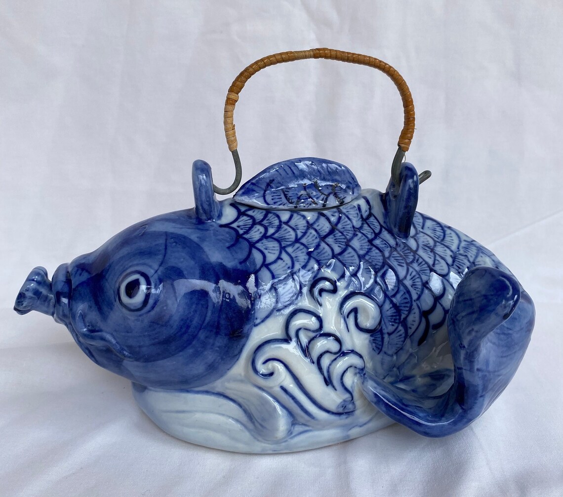 Vintage Blue & White Ceramic Hand Painted Koi Fish Teapot With Metal ...