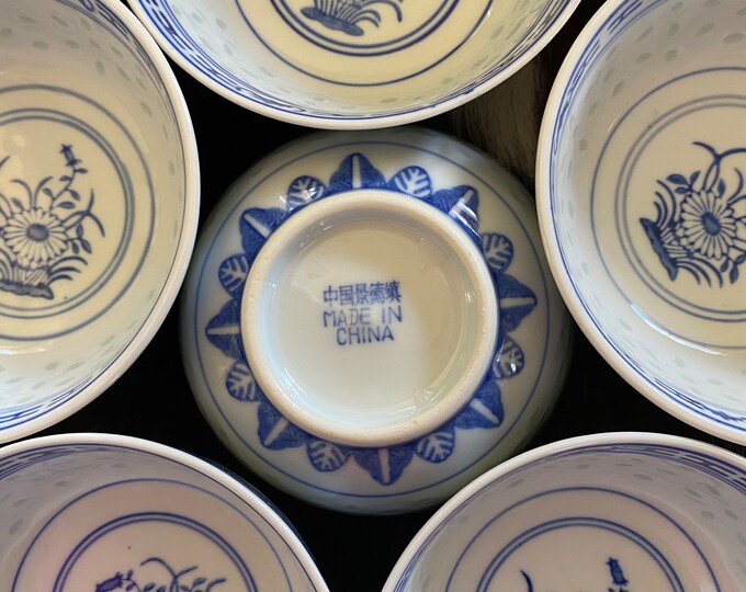Vintage Chinese Rice Grain Porcelain, Blue and White, Dragon Motif ...