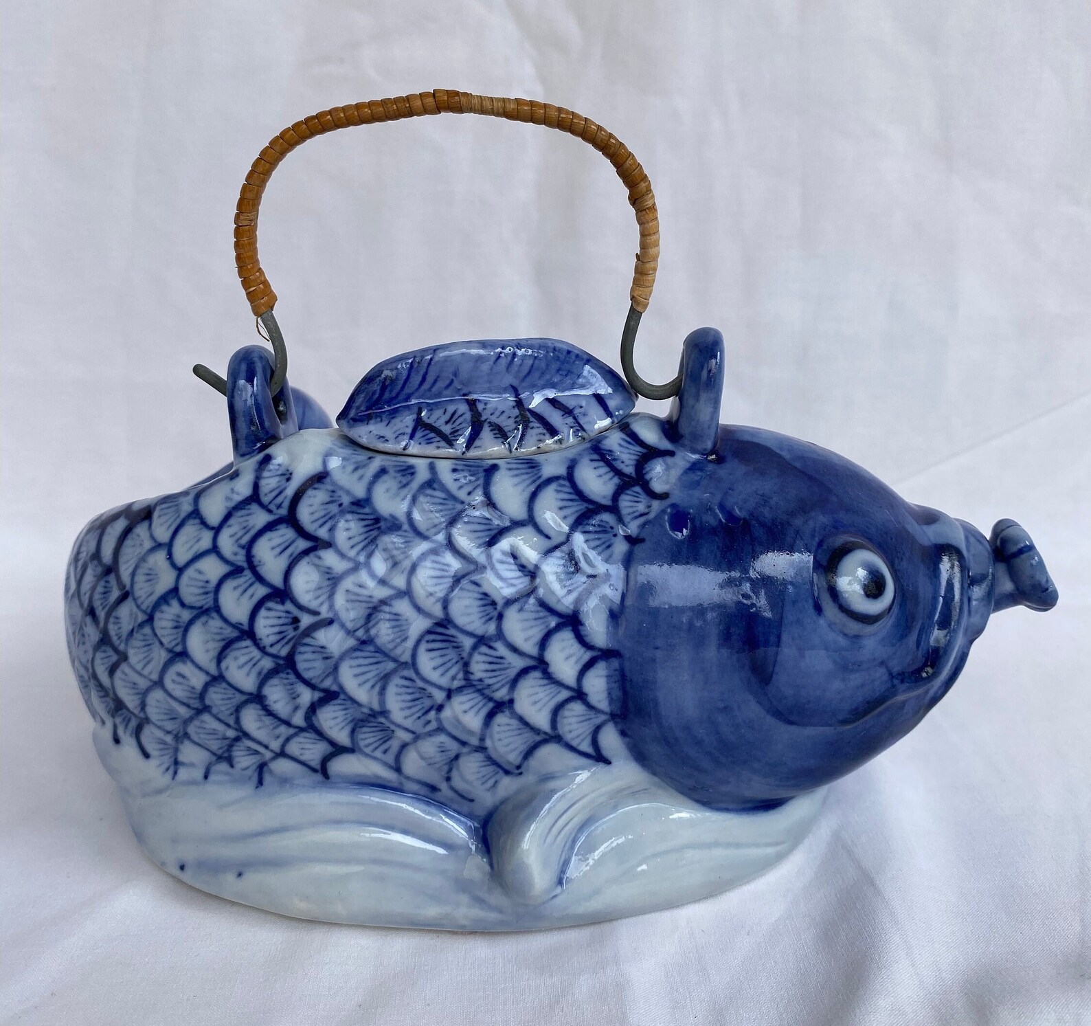 Vintage Blue & White Ceramic Hand Painted Koi Fish Teapot With Metal ...