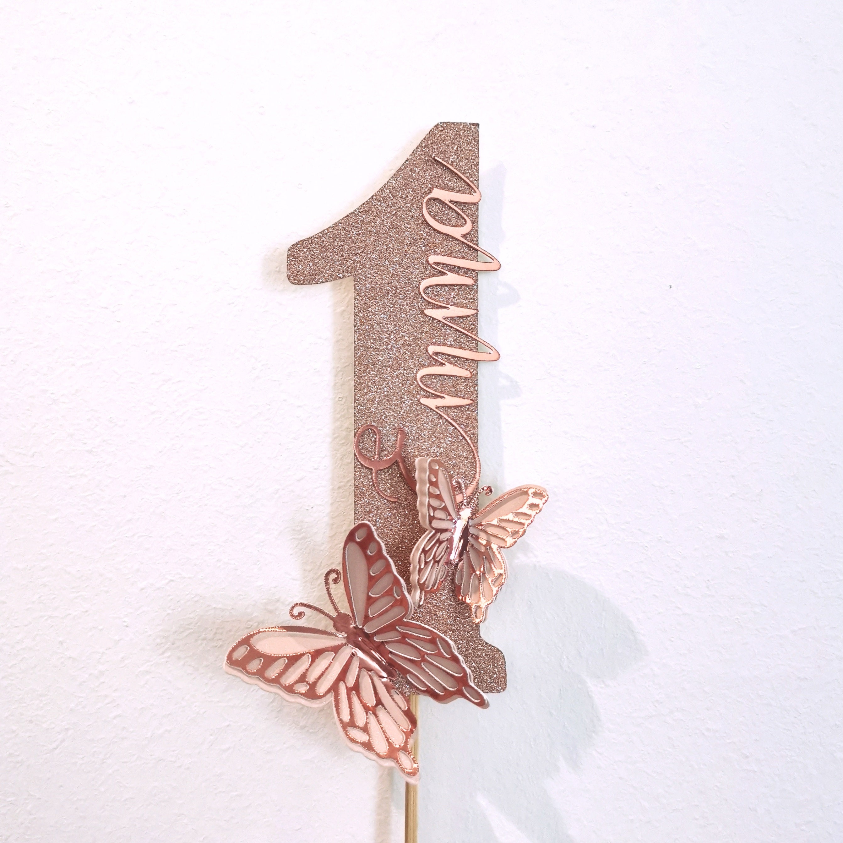 Glitter Number Cake Topper With Butterflies, Personalised Rose Gold ...