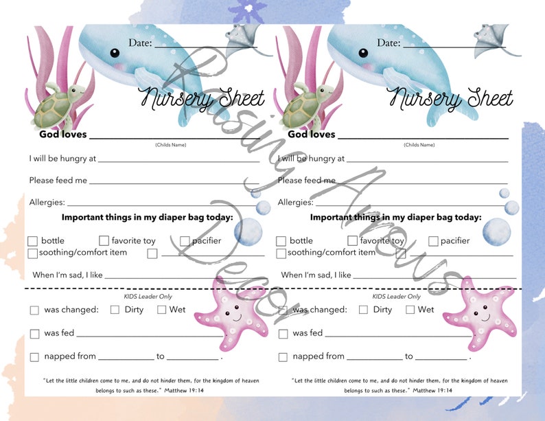 Nursery Information Sheet, Children's Ministry, Infant Info Sheet ...