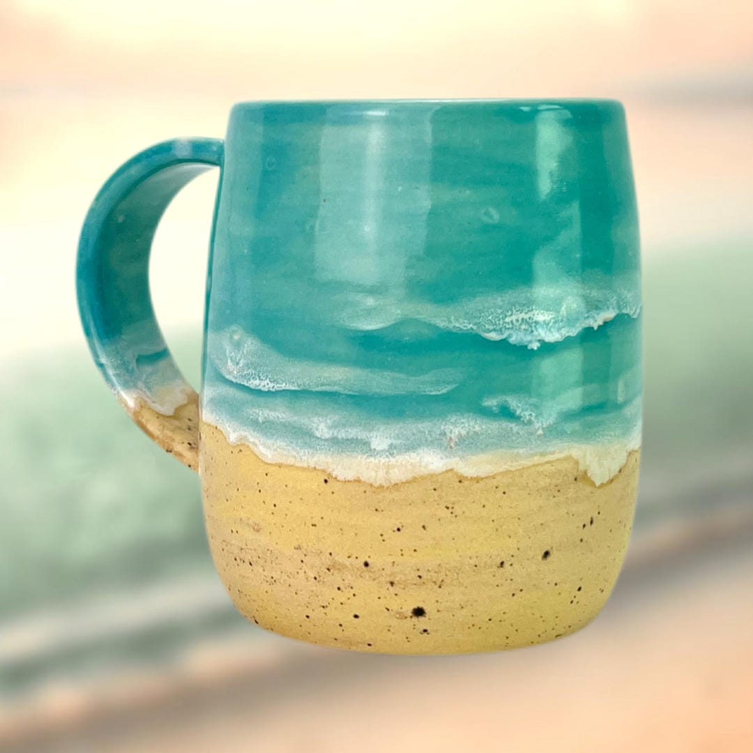 Handcrafted Beach-themed Stoneware Mug, Seashore Retreat, Ocean Waves ...