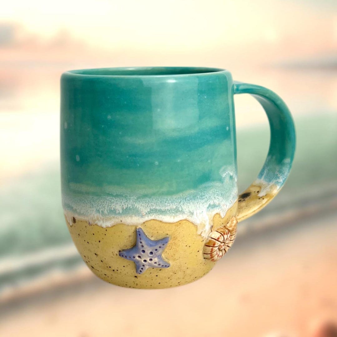 Handcrafted Beach-themed Stoneware Mug With Starfish & Seashells, Ocean ...