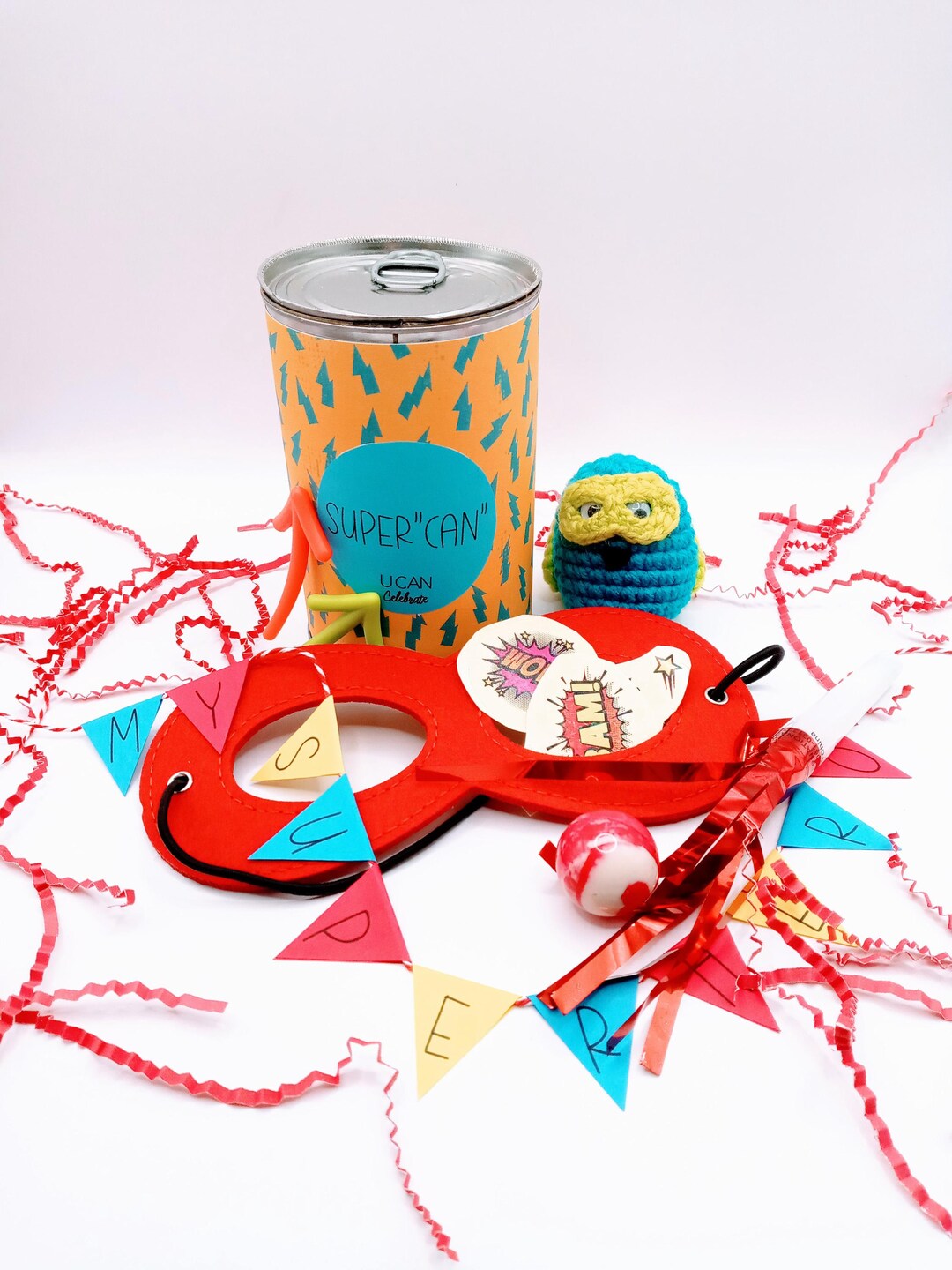 Superhero Themed Gift in a CAN Fun Present- Party Noise Maker, Arrow ...