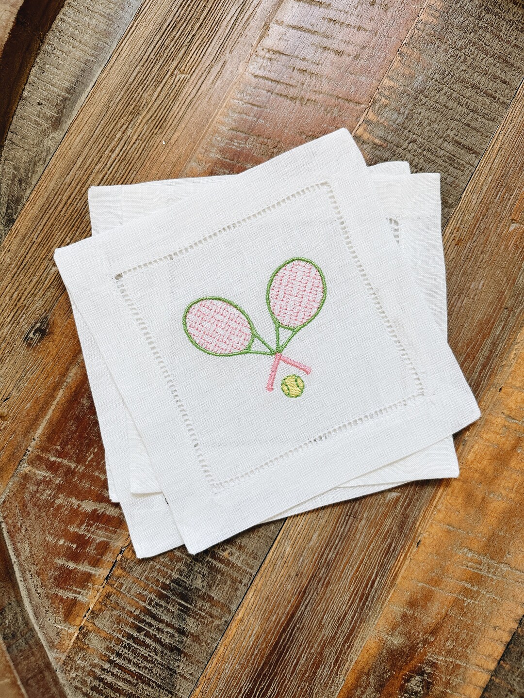 Tennis Racket Linen Cocktail Napkins - Pink & Green - Etsy
