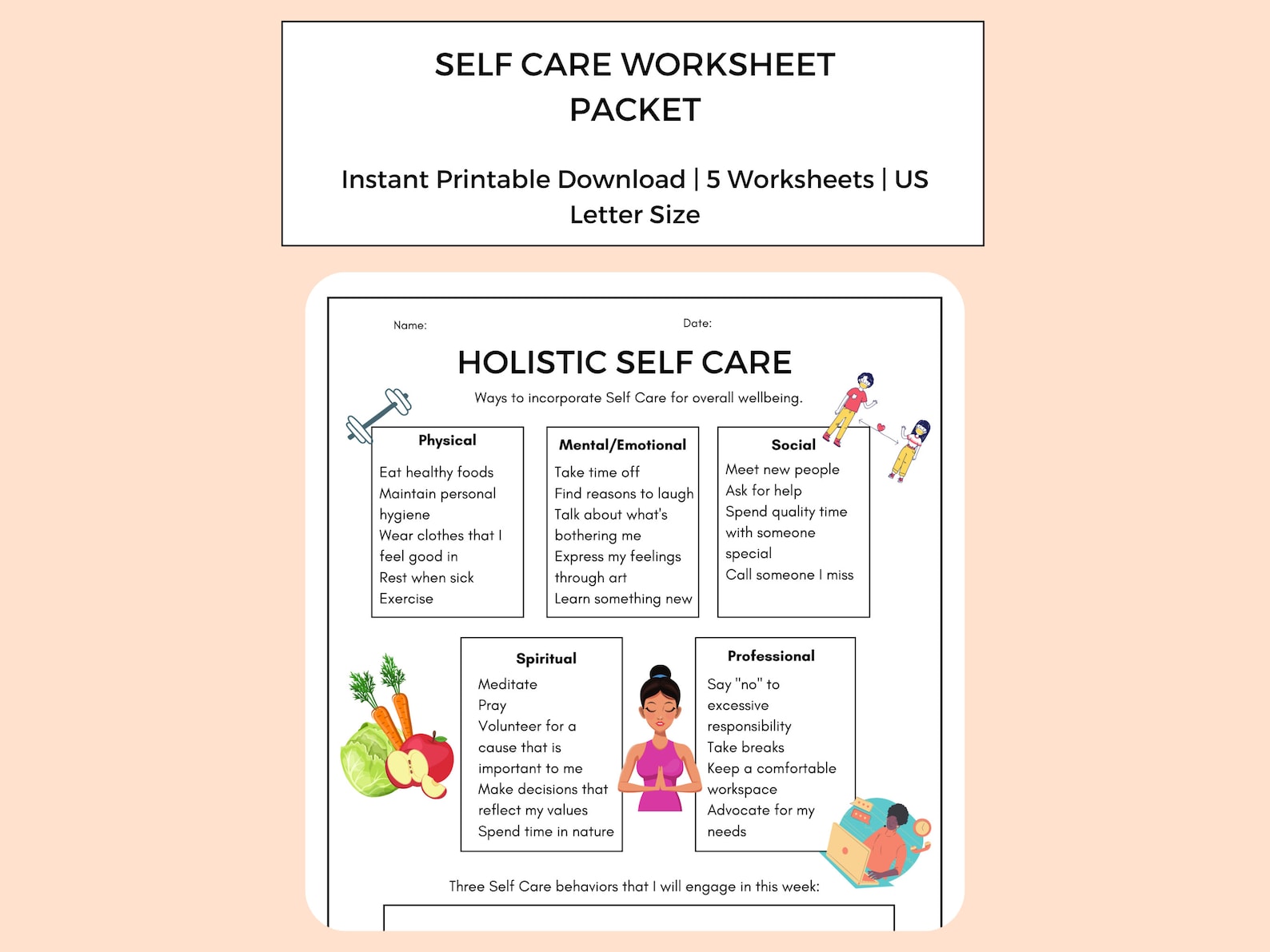 Self Care Worksheet Packet | Worksheets for Self Care Practice | Self ...