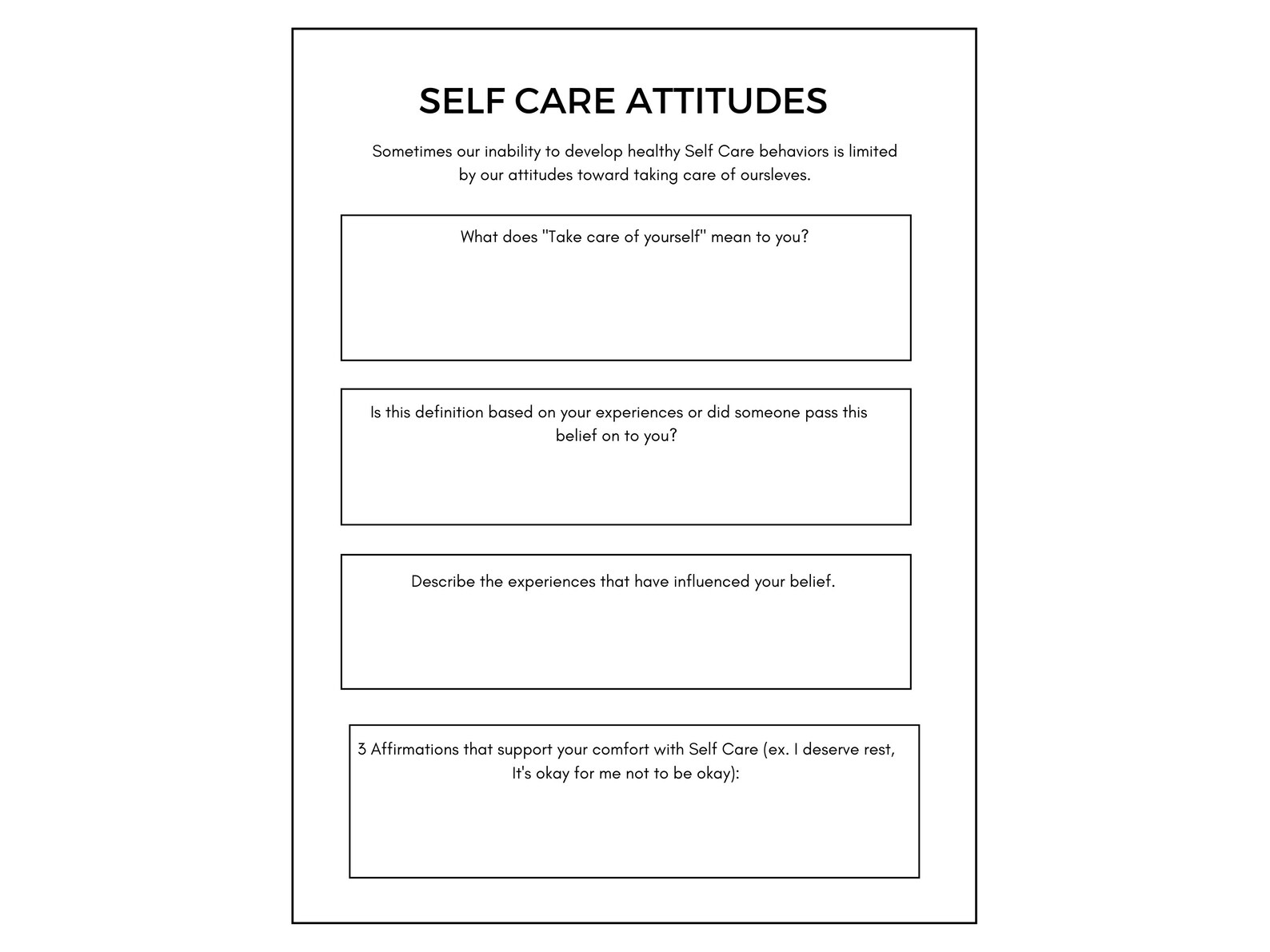 Self Care Attitudes Worksheet | Self Care Worksheet | Self Care ...