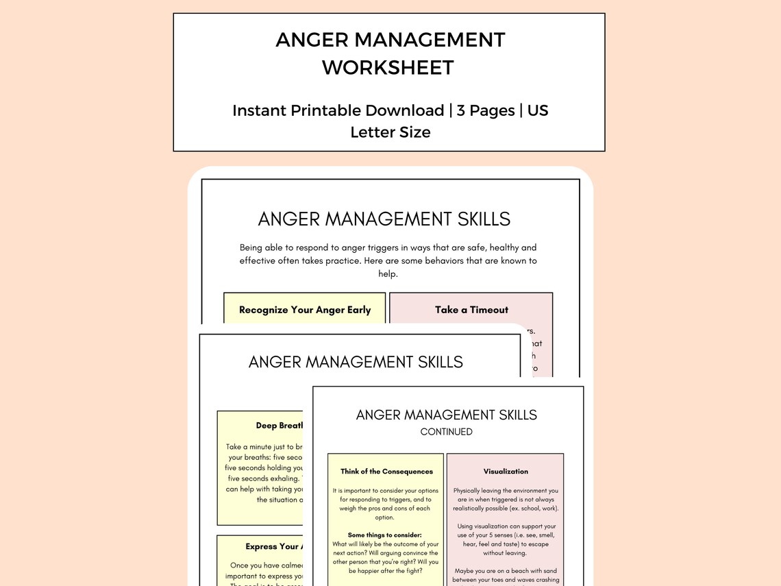 Anger Management Skills Worksheet | Anger Management Plan | Therapy ...
