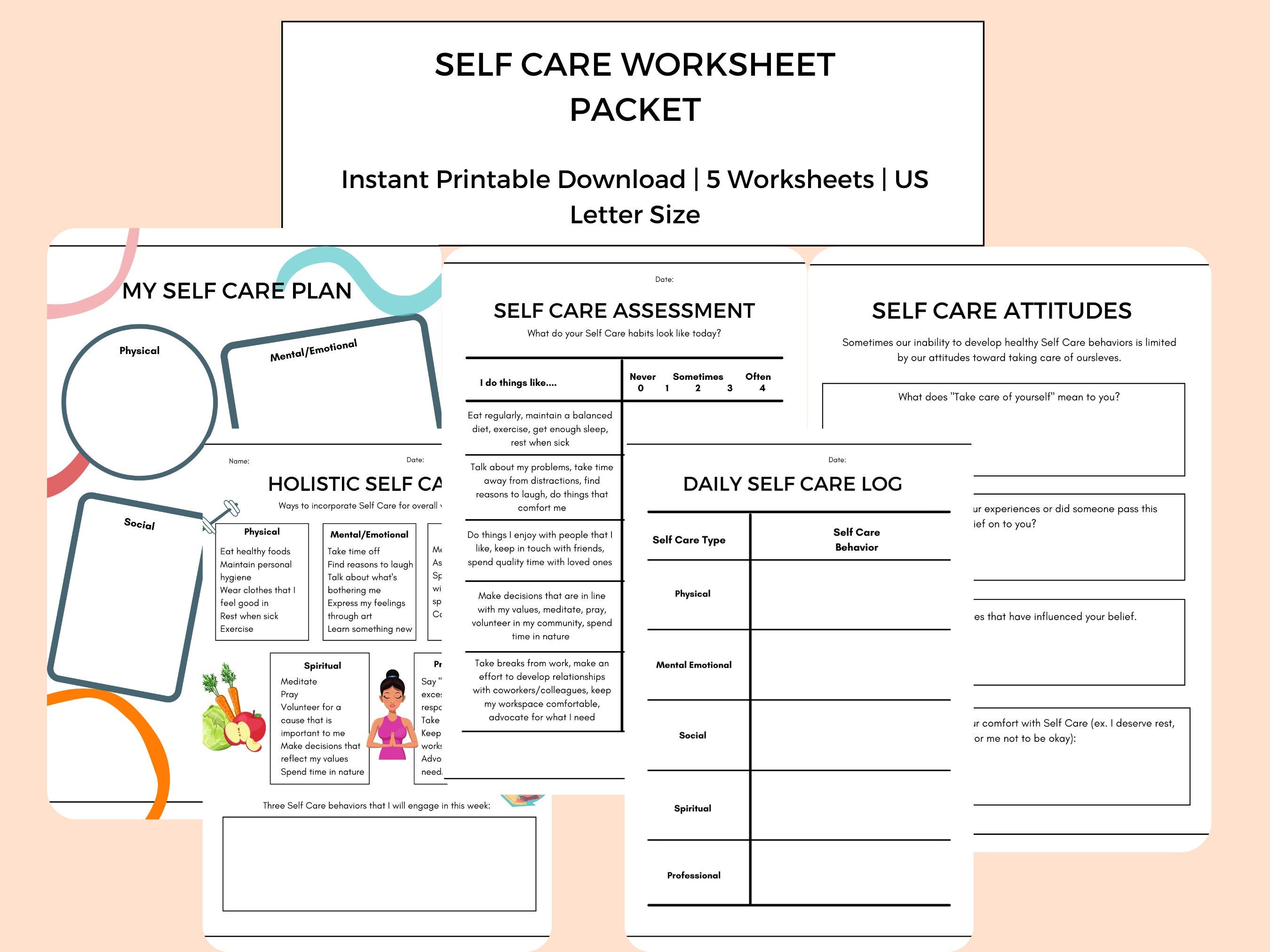 Self Care Worksheet Packet | Worksheets for Self Care Practice | Self ...