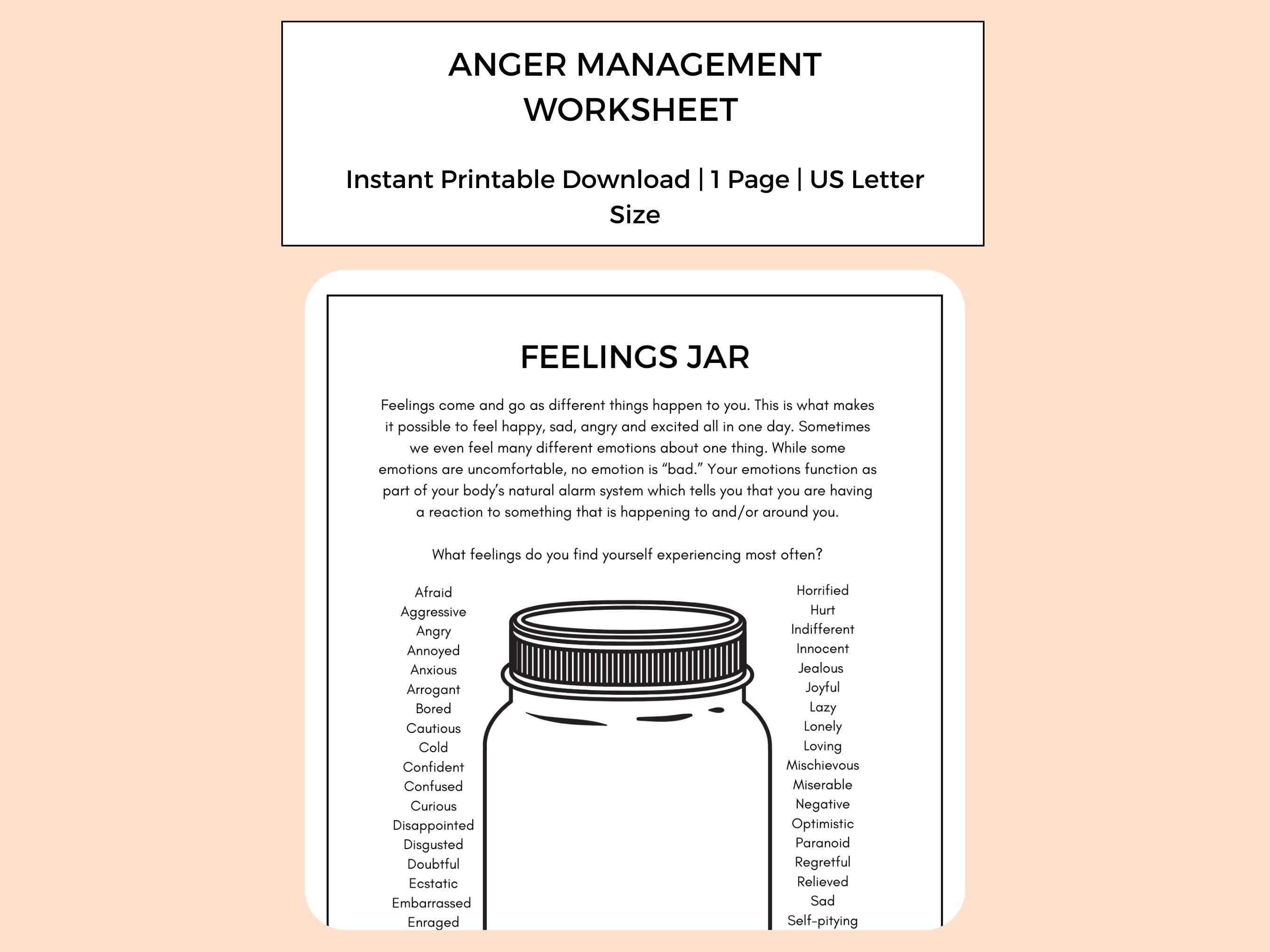 Feelings Jar Worksheet | Anger Management Worksheet | Feelings ...
