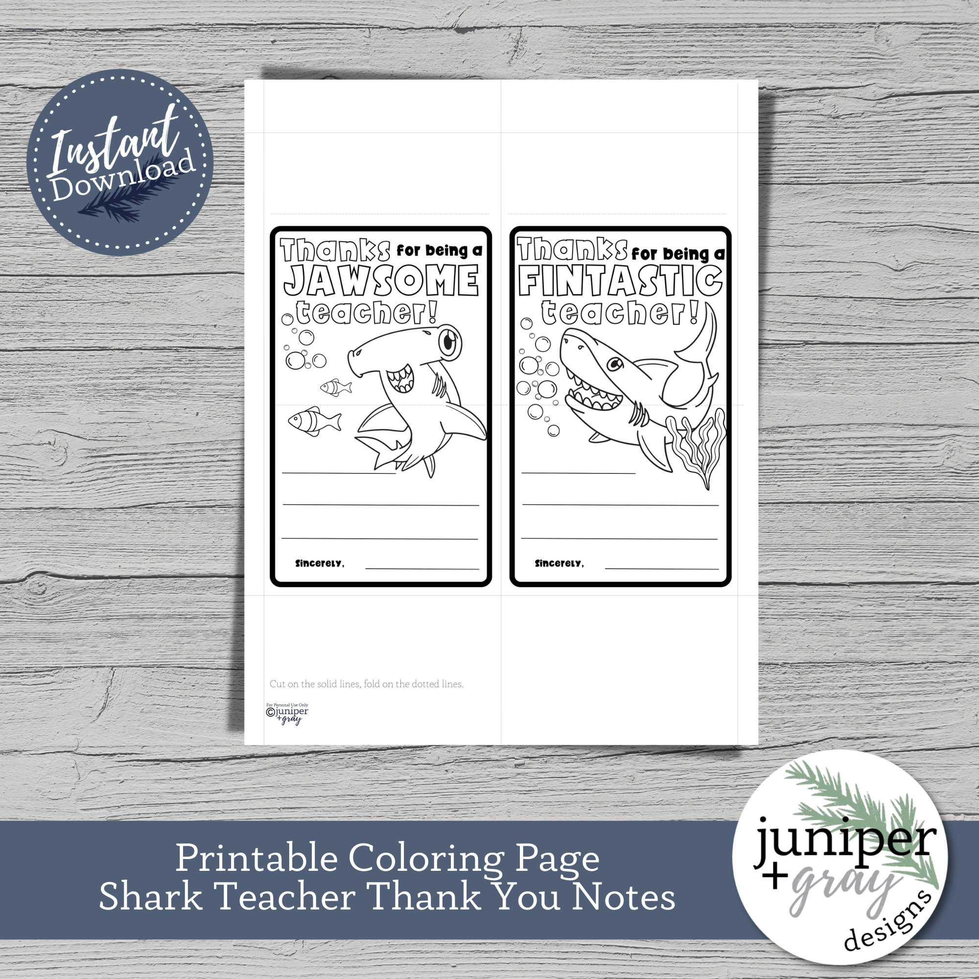 Shark Teacher Thank You Notes: Kids Coloring Cards (instant Download ...