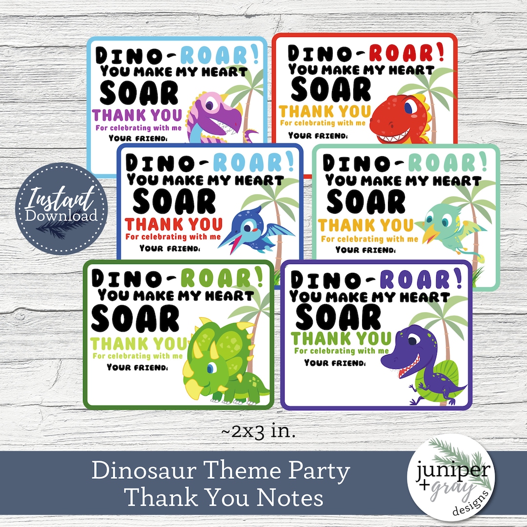 Printable Dinosaur Theme Party Thank You Notes - Dinosaur Party Favor ...
