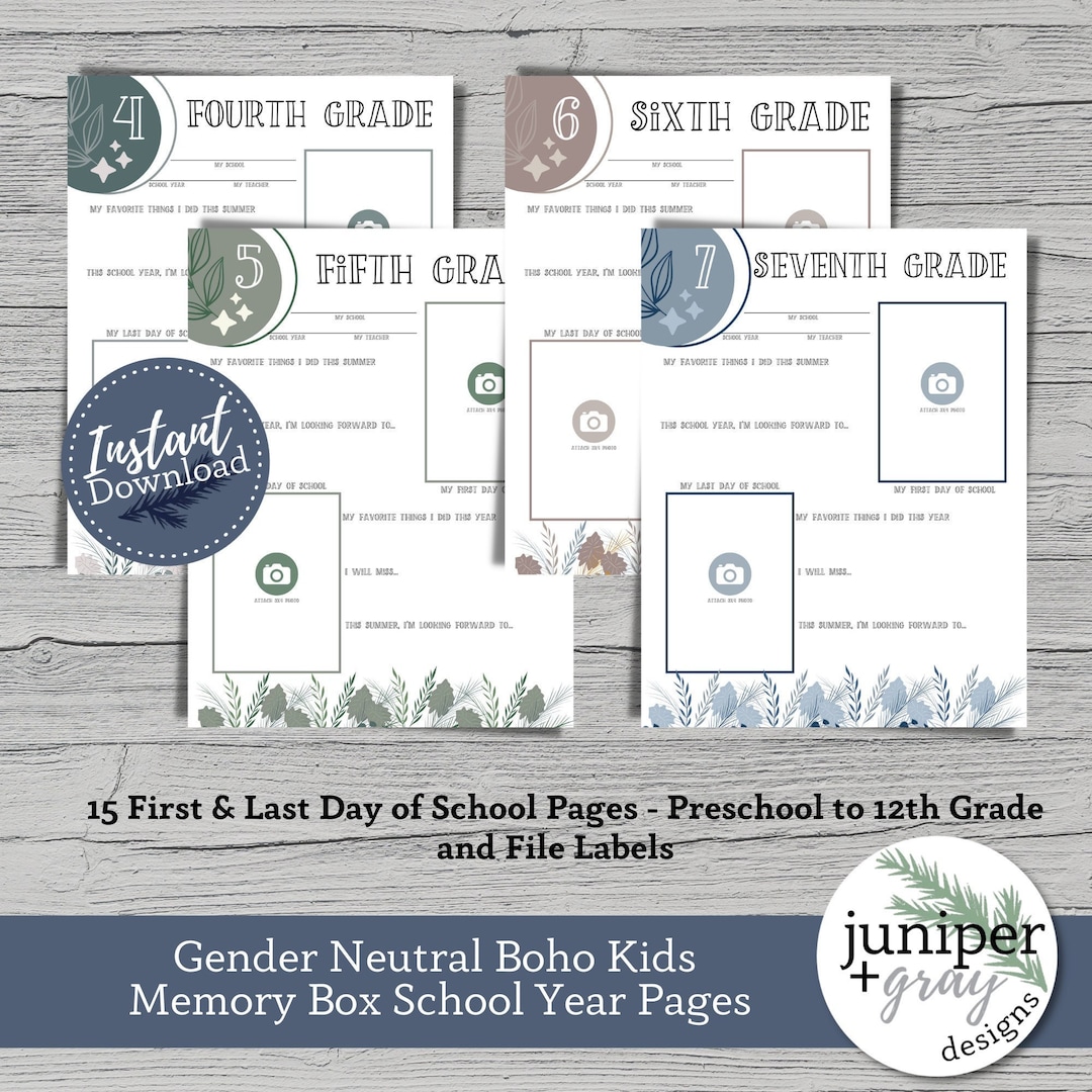 Printable School Memory Box Files - Cool Boho Kids First & Last Day of ...