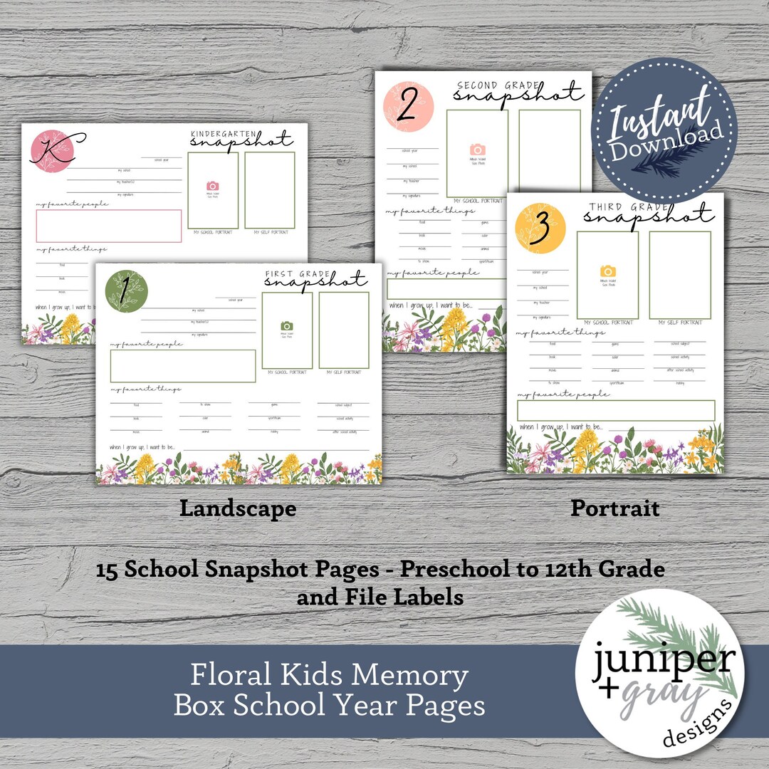Printable School Memory Box Files - Floral Themed Kids School Year ...