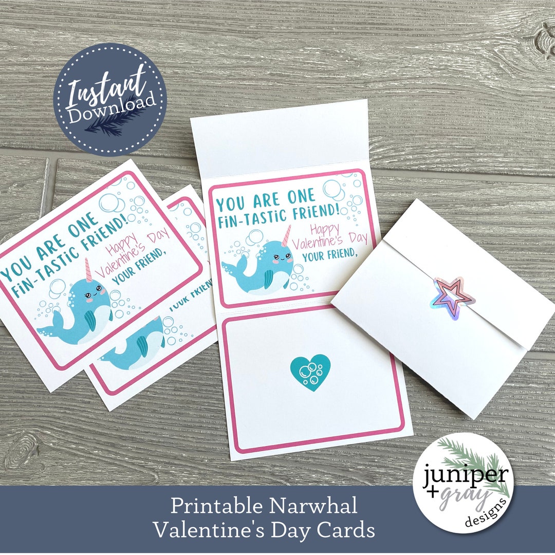 Kids Printable Narwhal Valentines Day Card - Preschool Girls Valentine ...