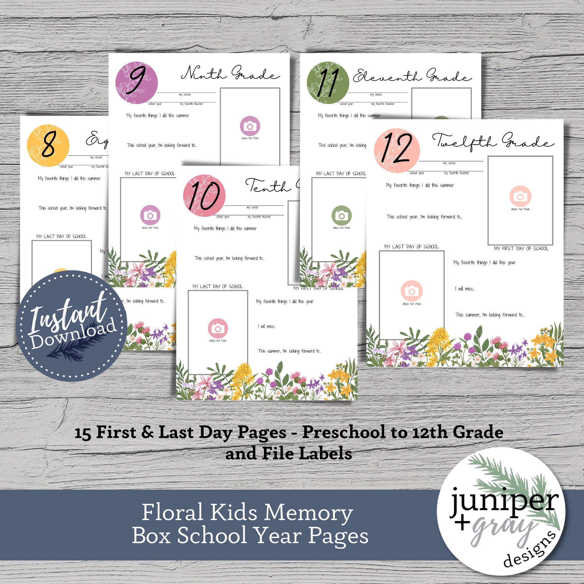 Printable School Memory Box Files - Floral Kids First & Last Day of ...