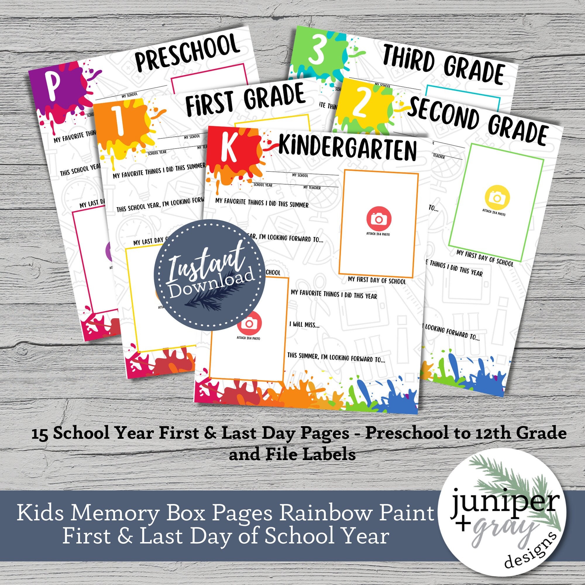 Printable School Memory Box Files Rainbow Paint Kids First & Last Day ...