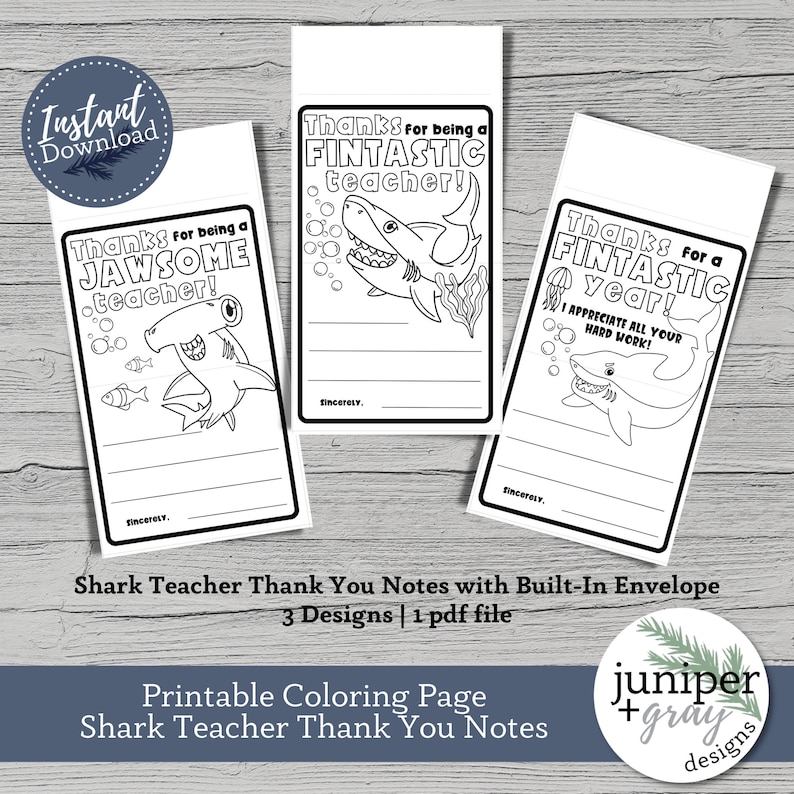 Teacher Thank You Notes Printable Shark Thank You Notes for Teachers ...