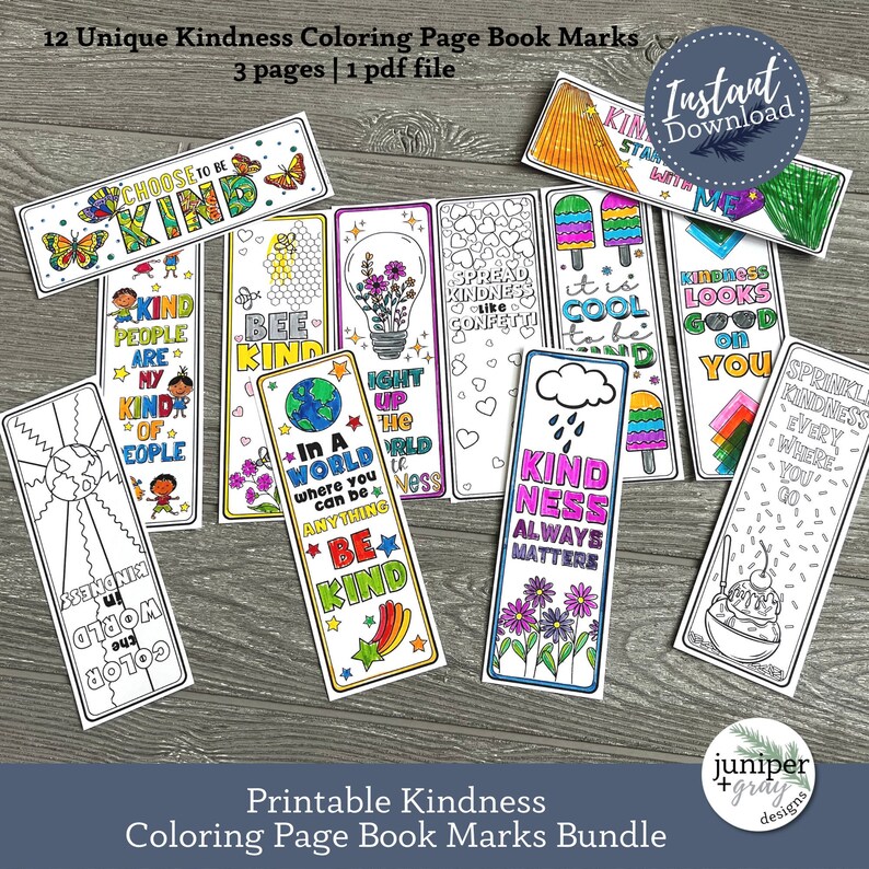 Printable Kindness Coloring Page Book Marks Bundle - 12 Unique Coloring ...