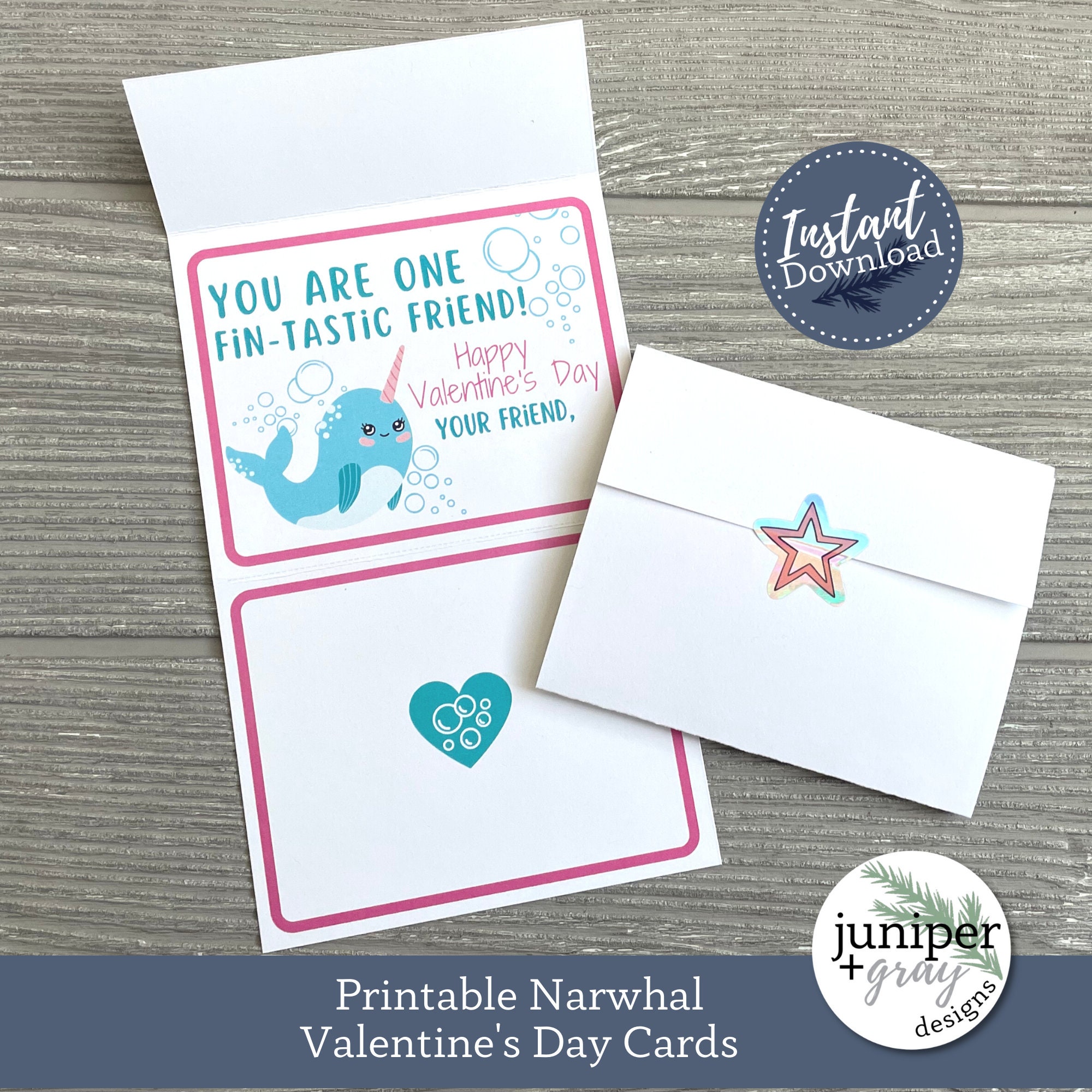 Kids Printable Narwhal Valentines Day Card Preschool Girls Valentine ...