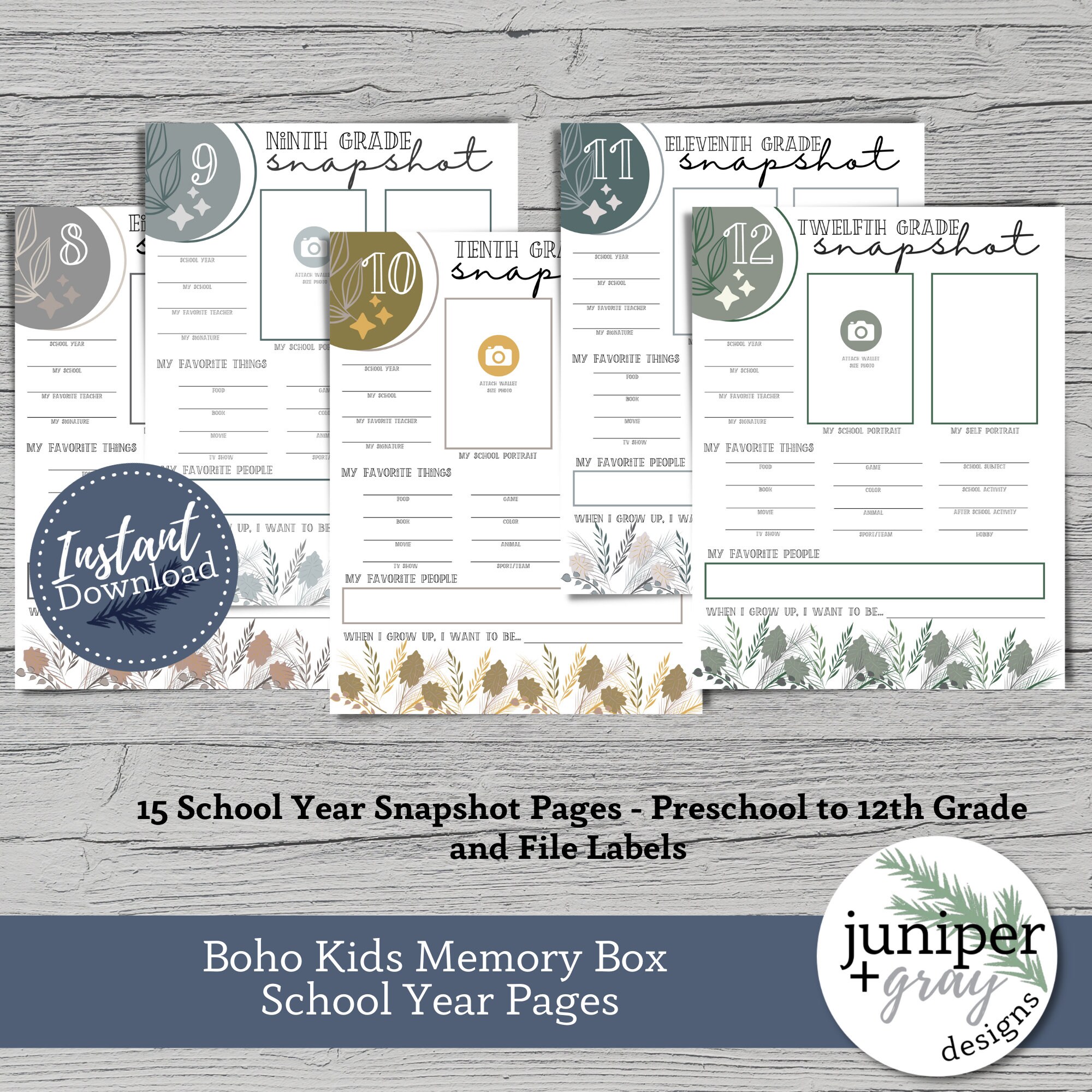 Printable School Memory Box Files - Cool Neutral Boho Kids School Year ...