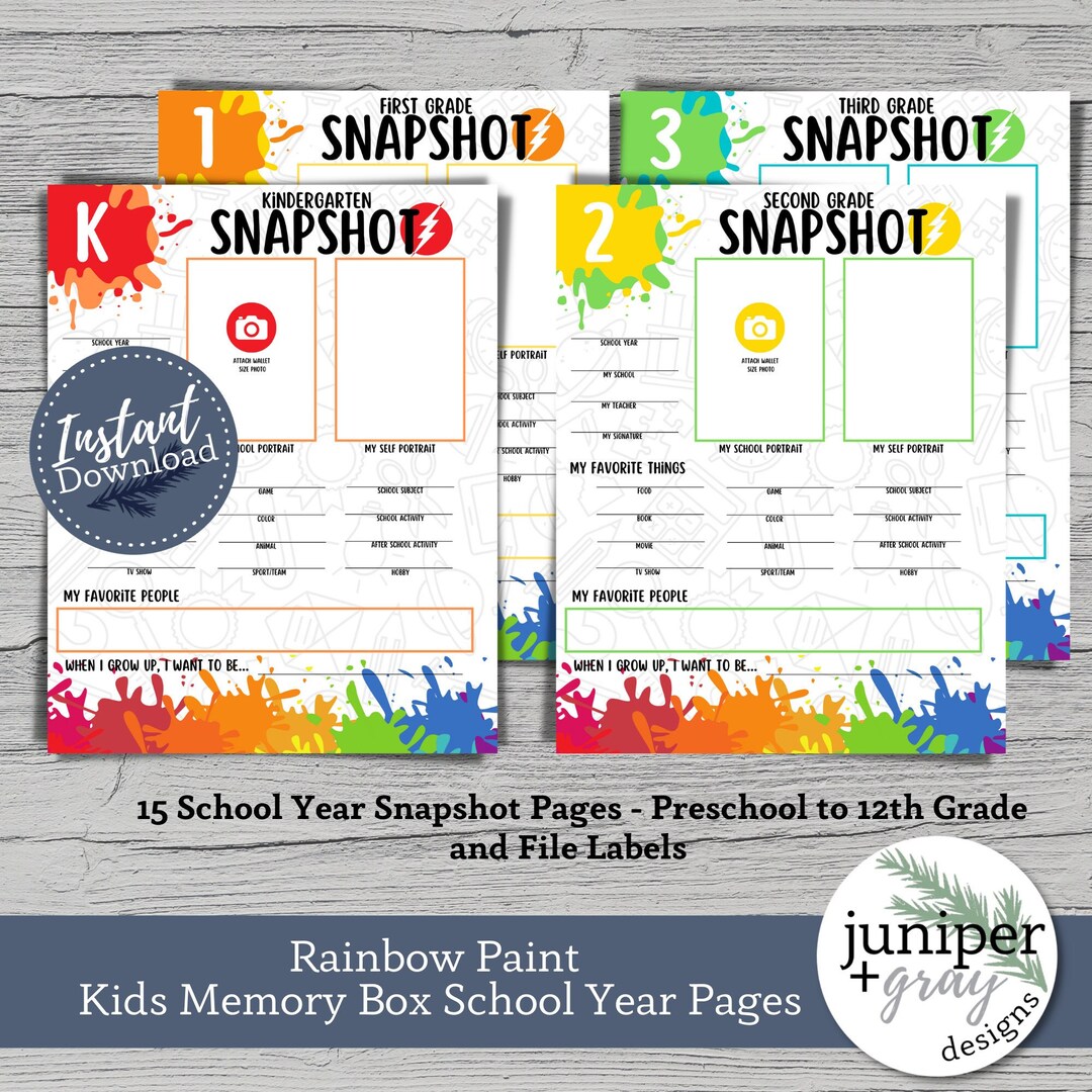 Printable School Memory Box Files Rainbow Paint Kids School Year Memory ...