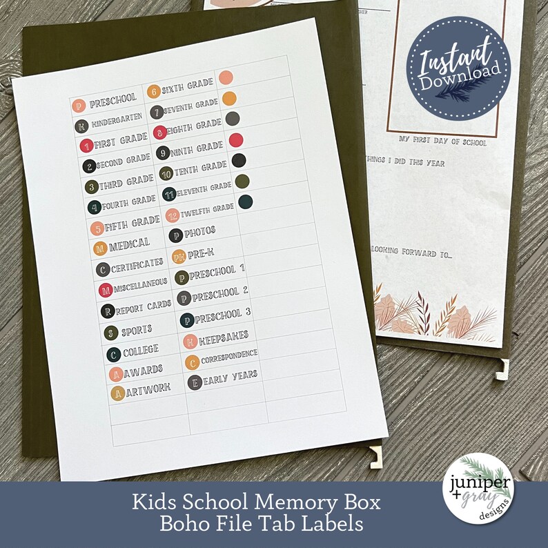 Printable School Memory Box Files Labels - Boho Hanging File Labels ...