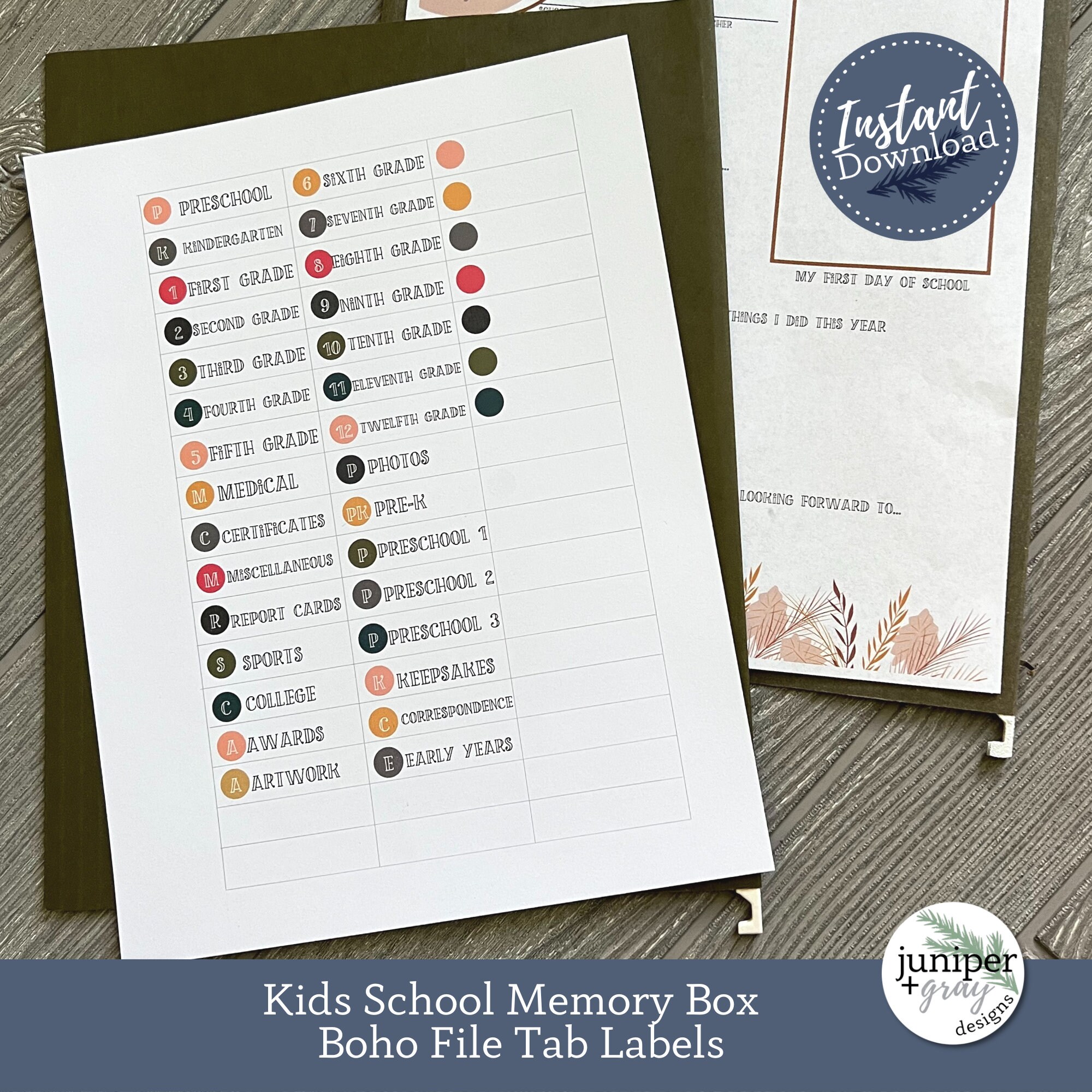 Printable School Memory Box Files Labels - Boho Hanging File Labels ...