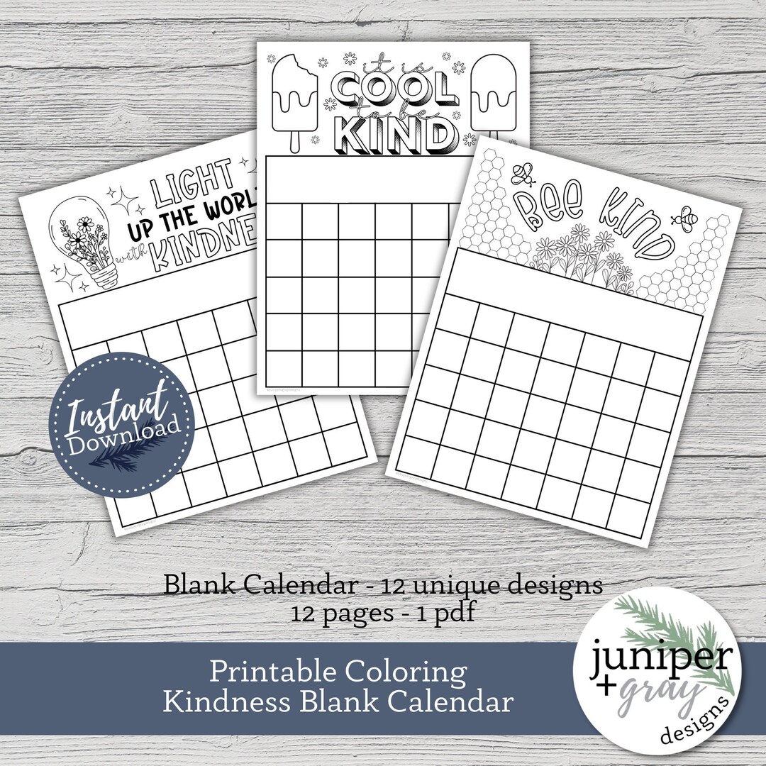 Printable Kindness Coloring Calendar - Blank Kindness Calendar ...