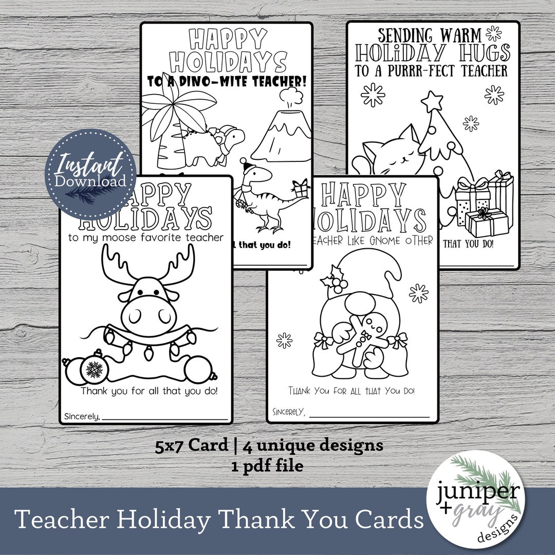 Printable Teacher Holiday Thank You Coloring Cards (PDF) - Etsy