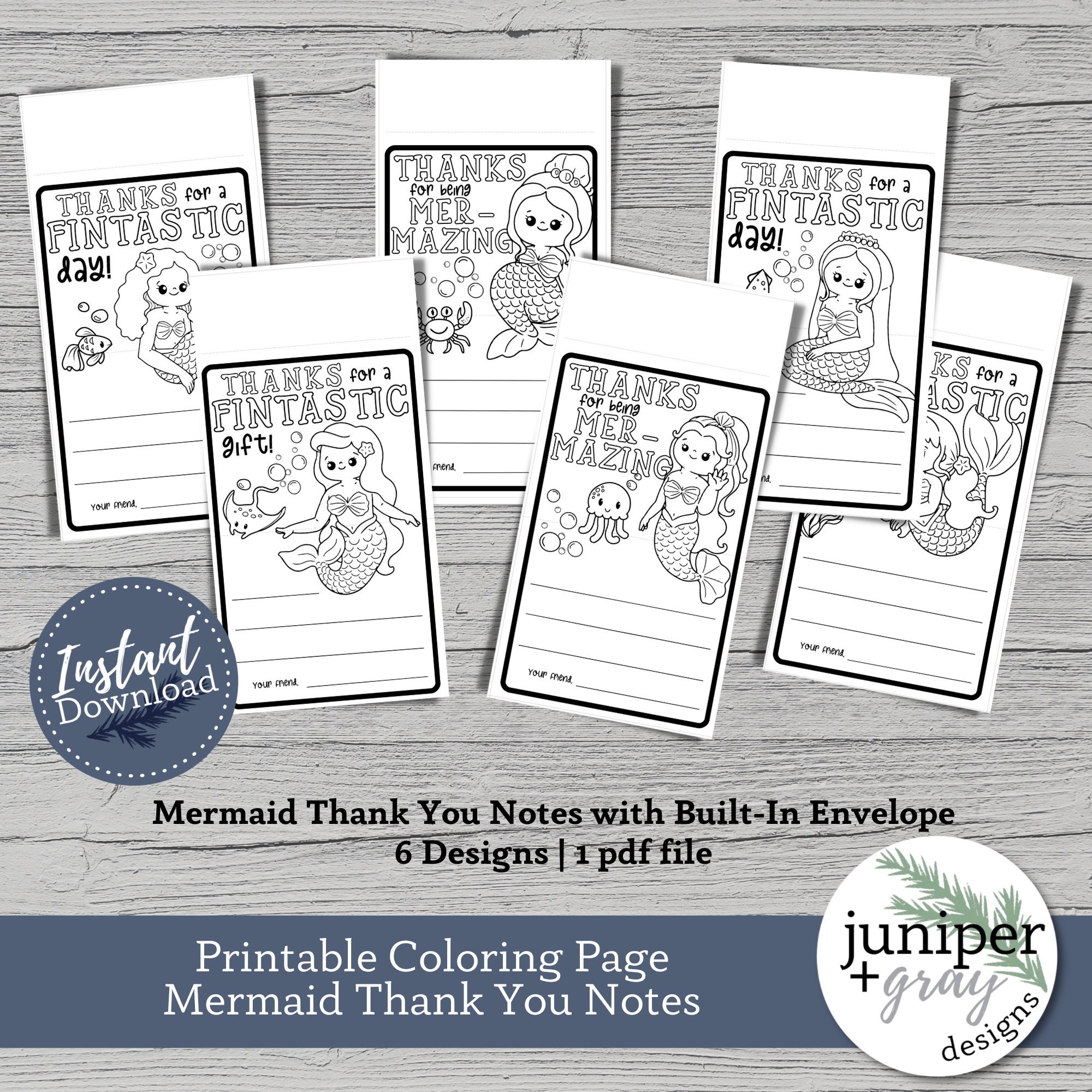 Printable Mermaid Thank You Notes: Coloring Page Cards (PDF) - Etsy