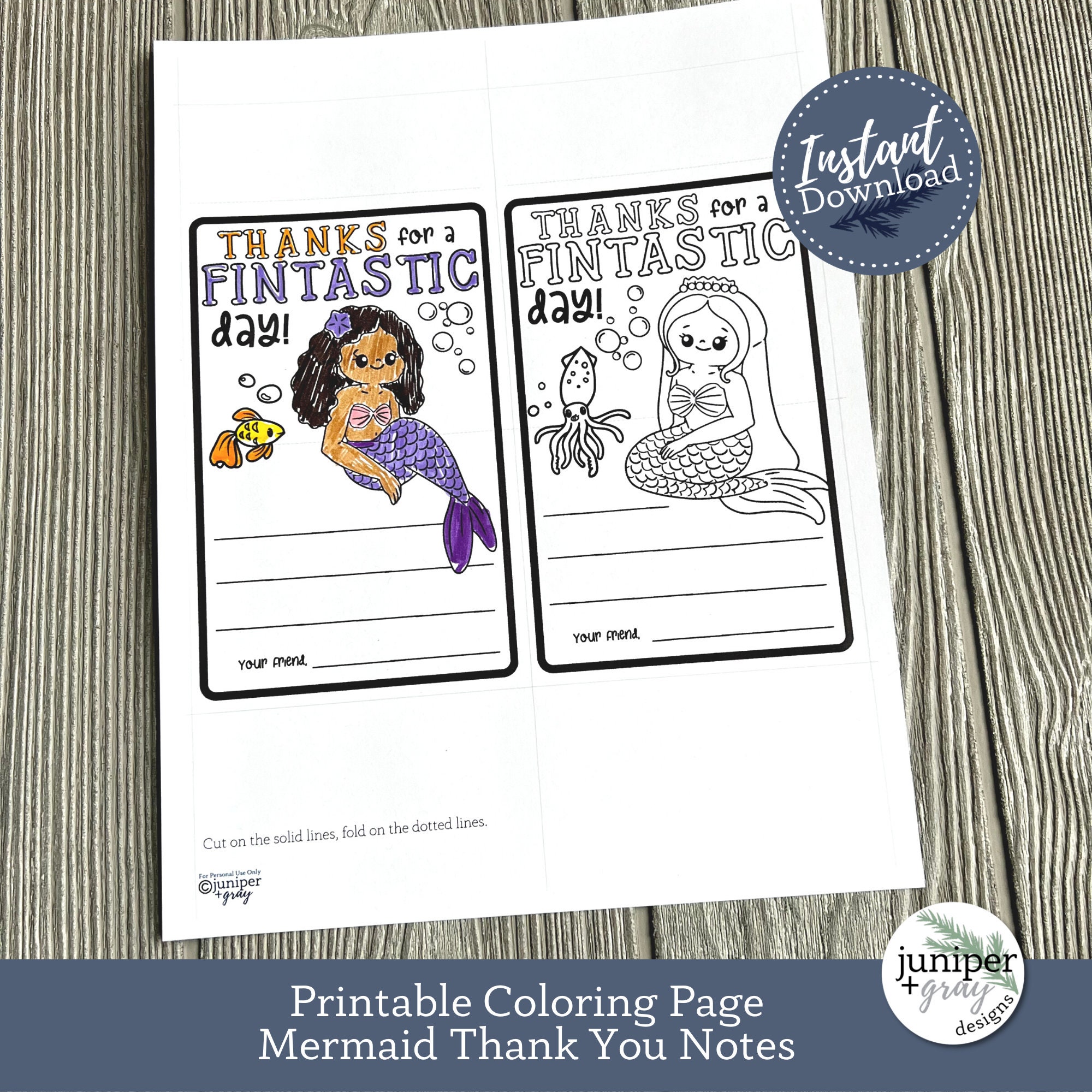 Printable Mermaid Thank You Notes: Coloring Page Cards (PDF) - Etsy