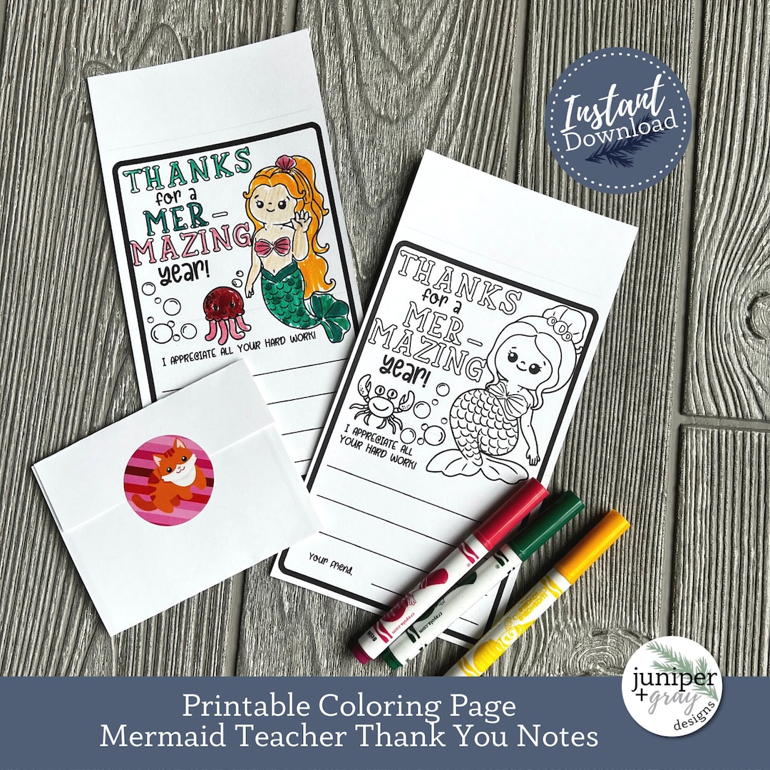 Printable Mermaid Thank You Notes for Teachers - Mermaid Coloring Thank ...