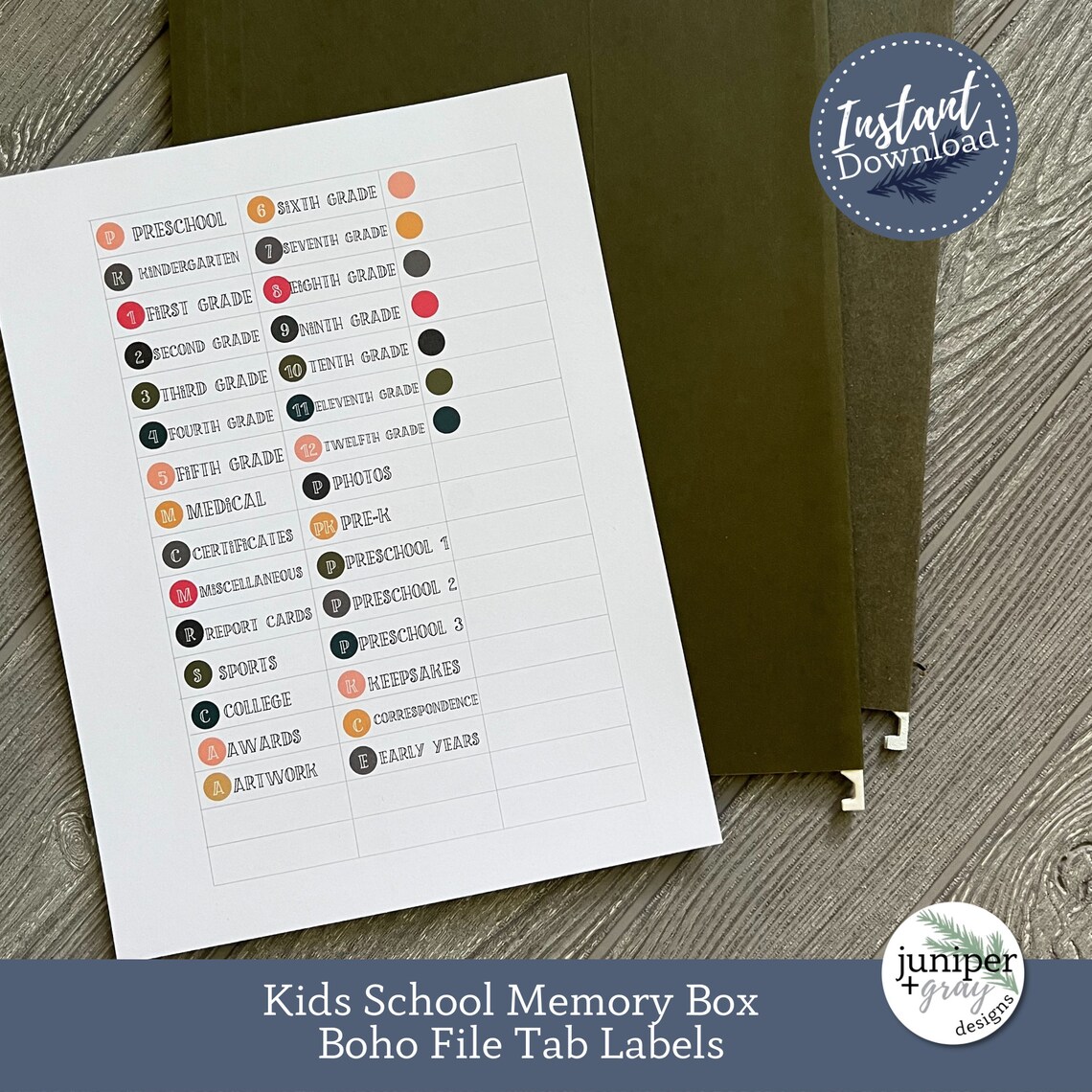 Printable School Memory Box Files Labels Boho Hanging File Labels ...