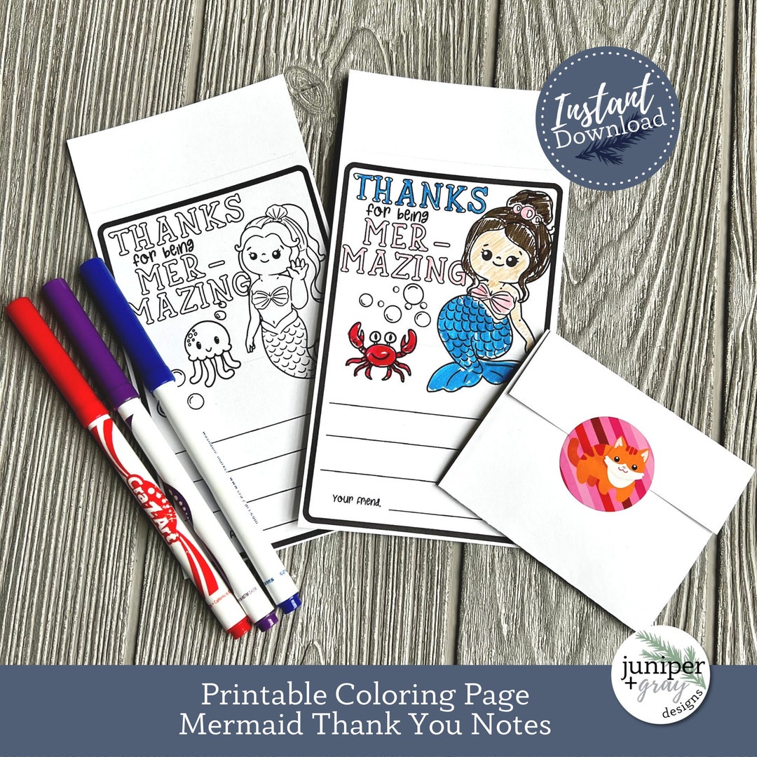 Printable Mermaid Thank You Notes - Mermaid Coloring Page Thank You ...