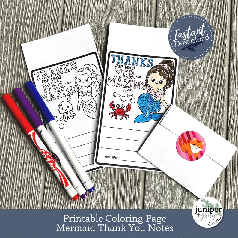Printable Mermaid Thank You Notes: Coloring Page Cards (PDF) - Etsy