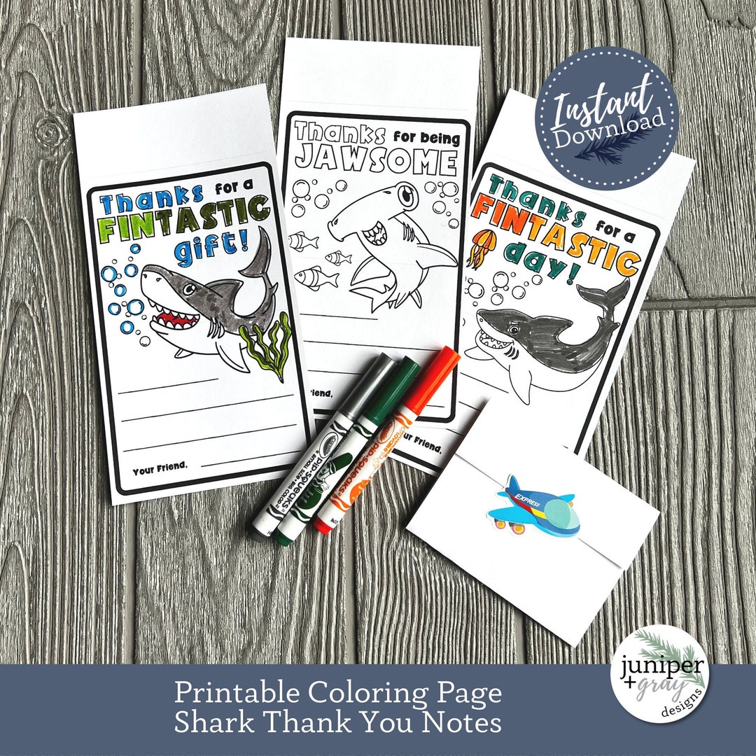 Printable Shark Thank You Notes - Shark Coloring Page Thank You Card ...