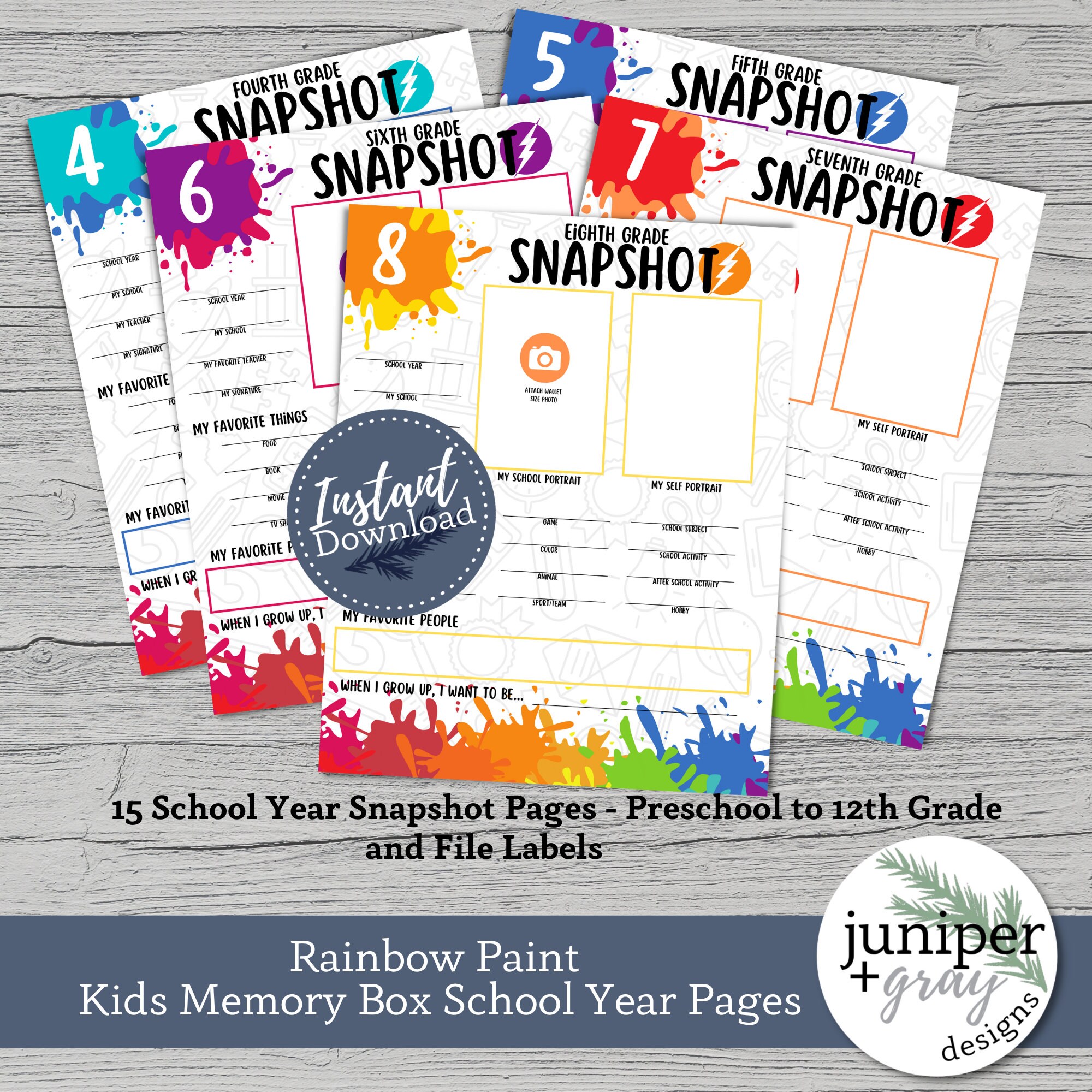 Printable School Memory Box Files Rainbow Paint Kids School Year Memory ...