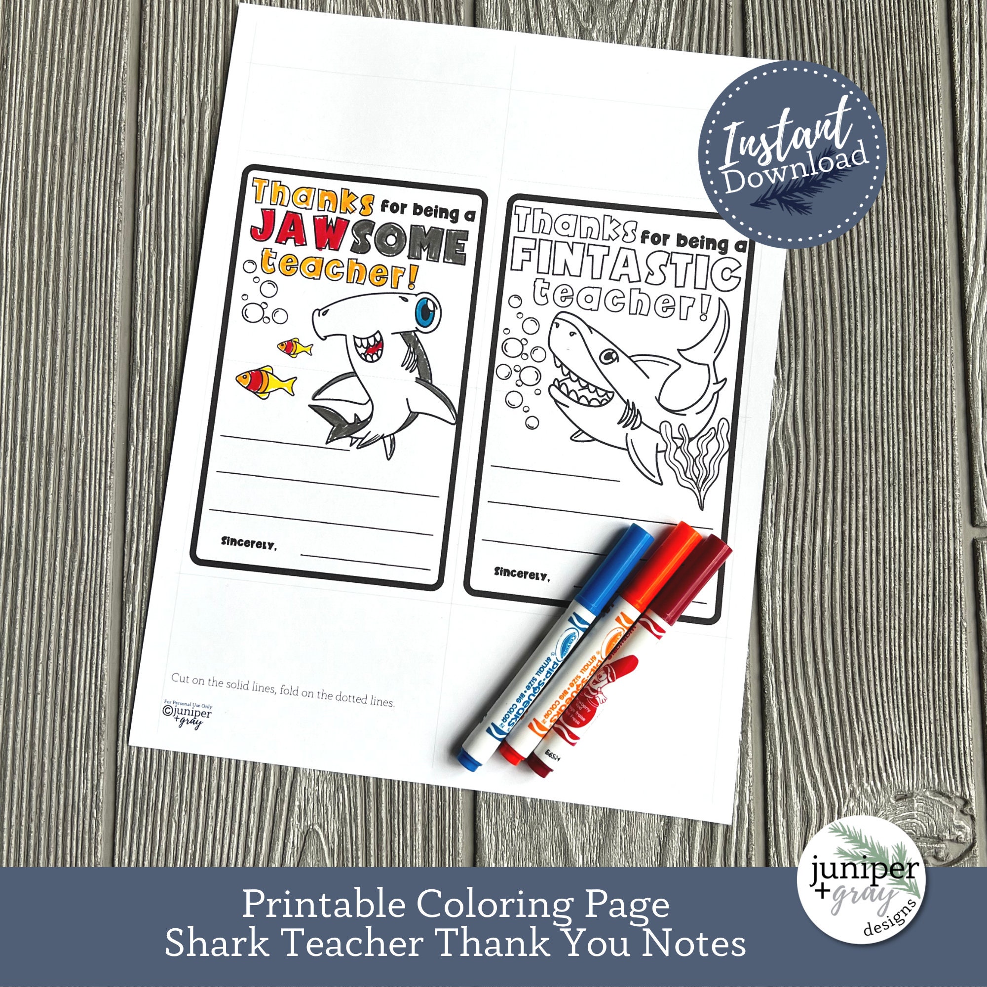 Teacher Thank You Notes Printable Shark Thank You Notes for Teachers ...