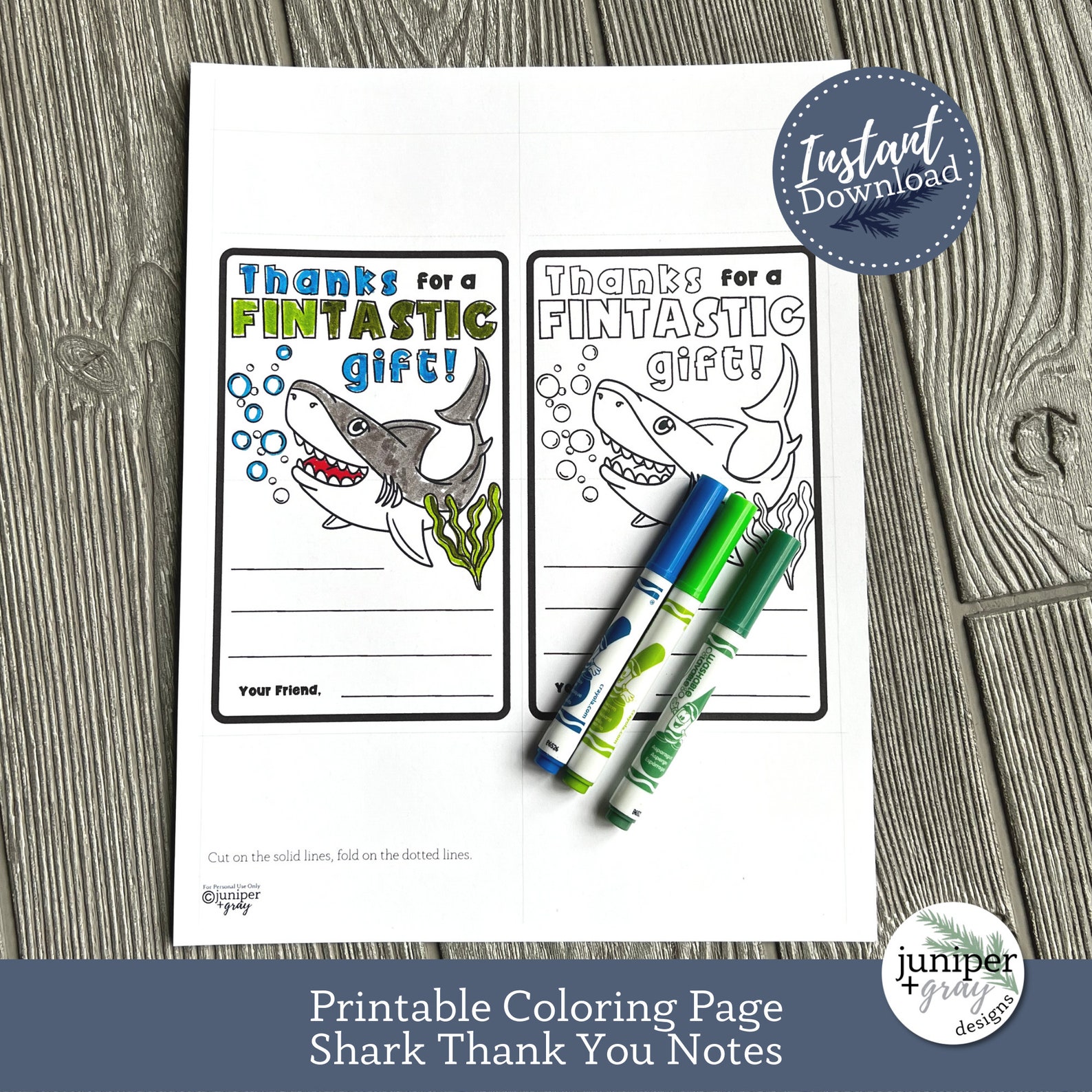 Shark Thank You Notes: Kids Coloring Page Cards (instant Download PDF ...