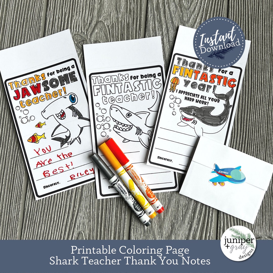 Teacher Thank You Notes - Printable Shark Thank You Notes for Teachers ...