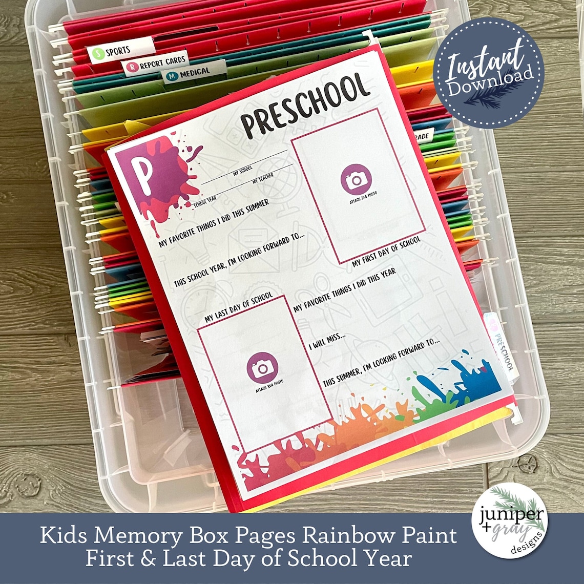 Printable School Memory Box Files Rainbow Paint Kids First & - Etsy