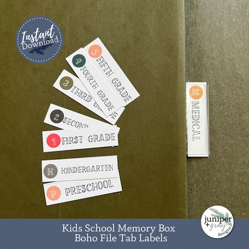 Printable School Memory Box Files Labels - Boho Hanging File Labels ...