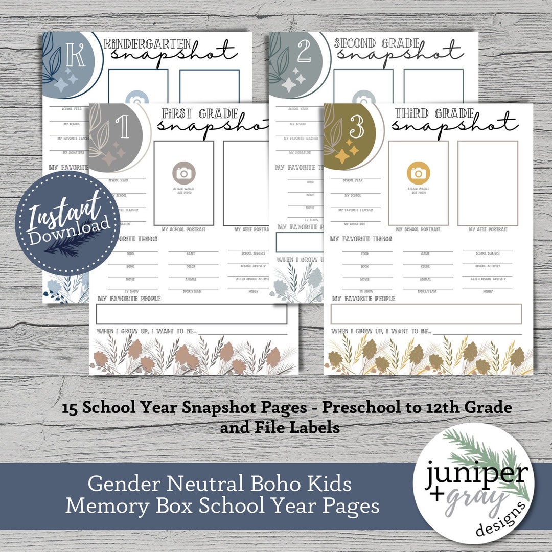 Printable School Memory Box Files - Cool Neutral Boho Kids School Year ...