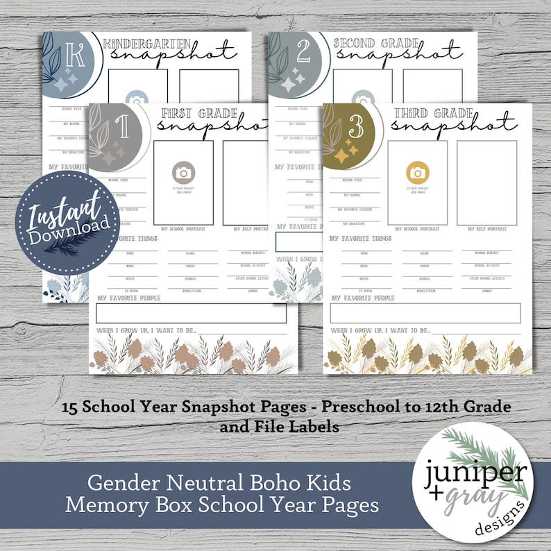 Printable School Memory Box Files - Cool Neutral Boho Kids School Year ...