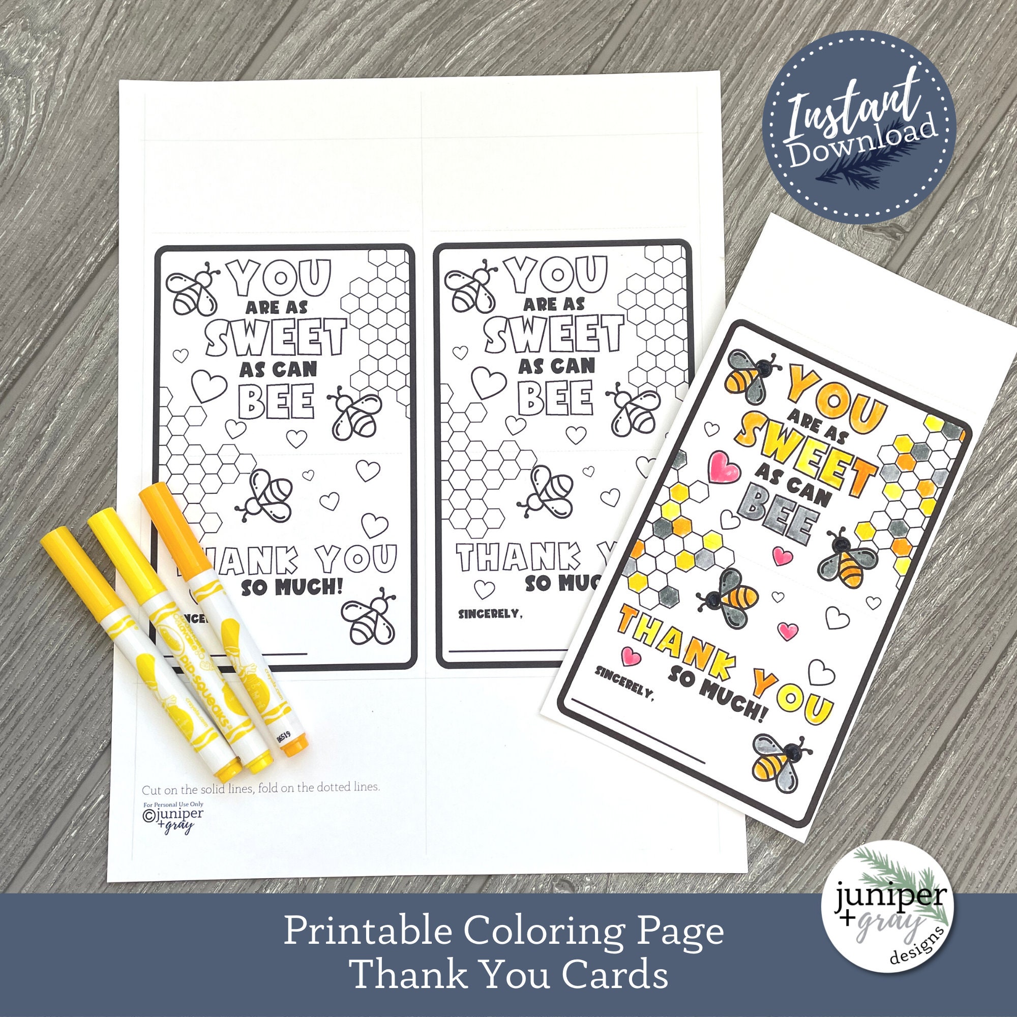 Printable Coloring Thank You Note - Bee Themed Colorable Thank You Card ...